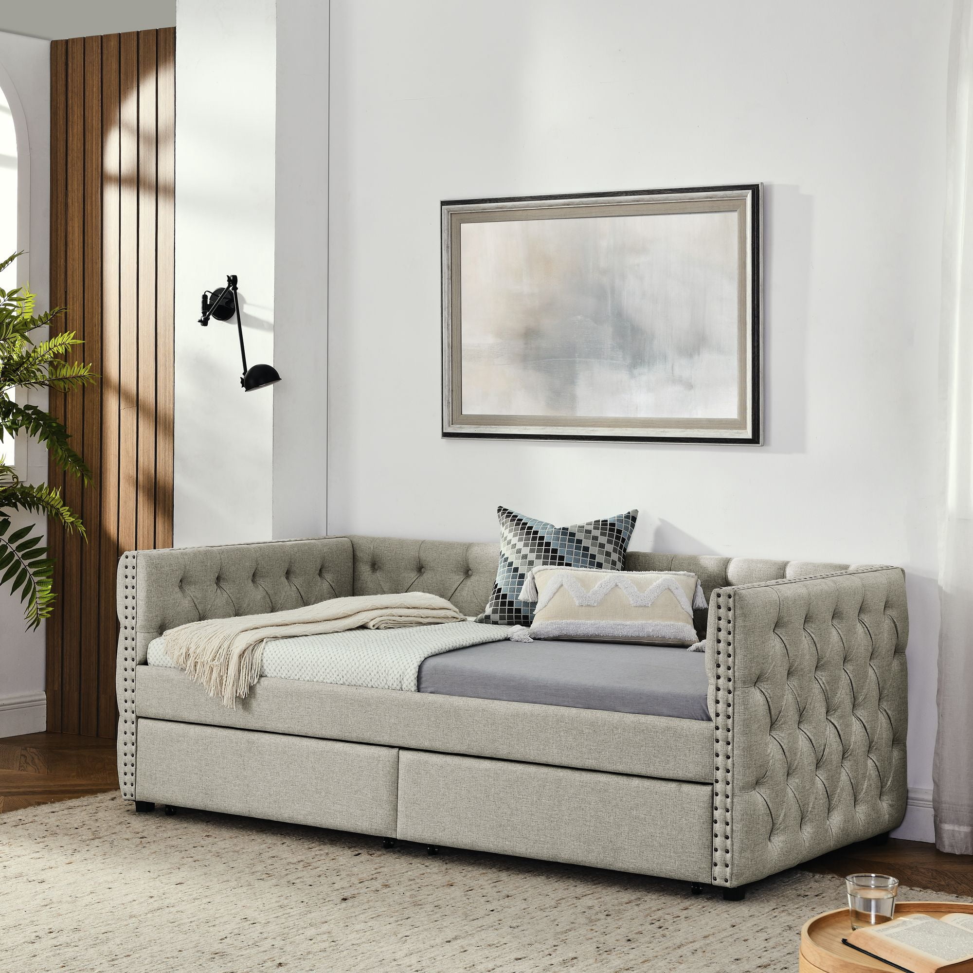 Mid-Century Inspired Daybed with Trundle, Button Tufted Armrests ...