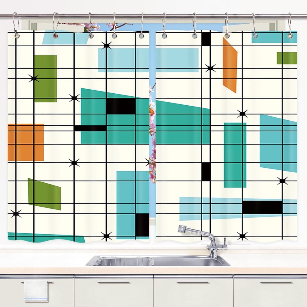 Mid Century Kitchen Curtains, Teal Mid Retro Grid Starbursts Orange ...