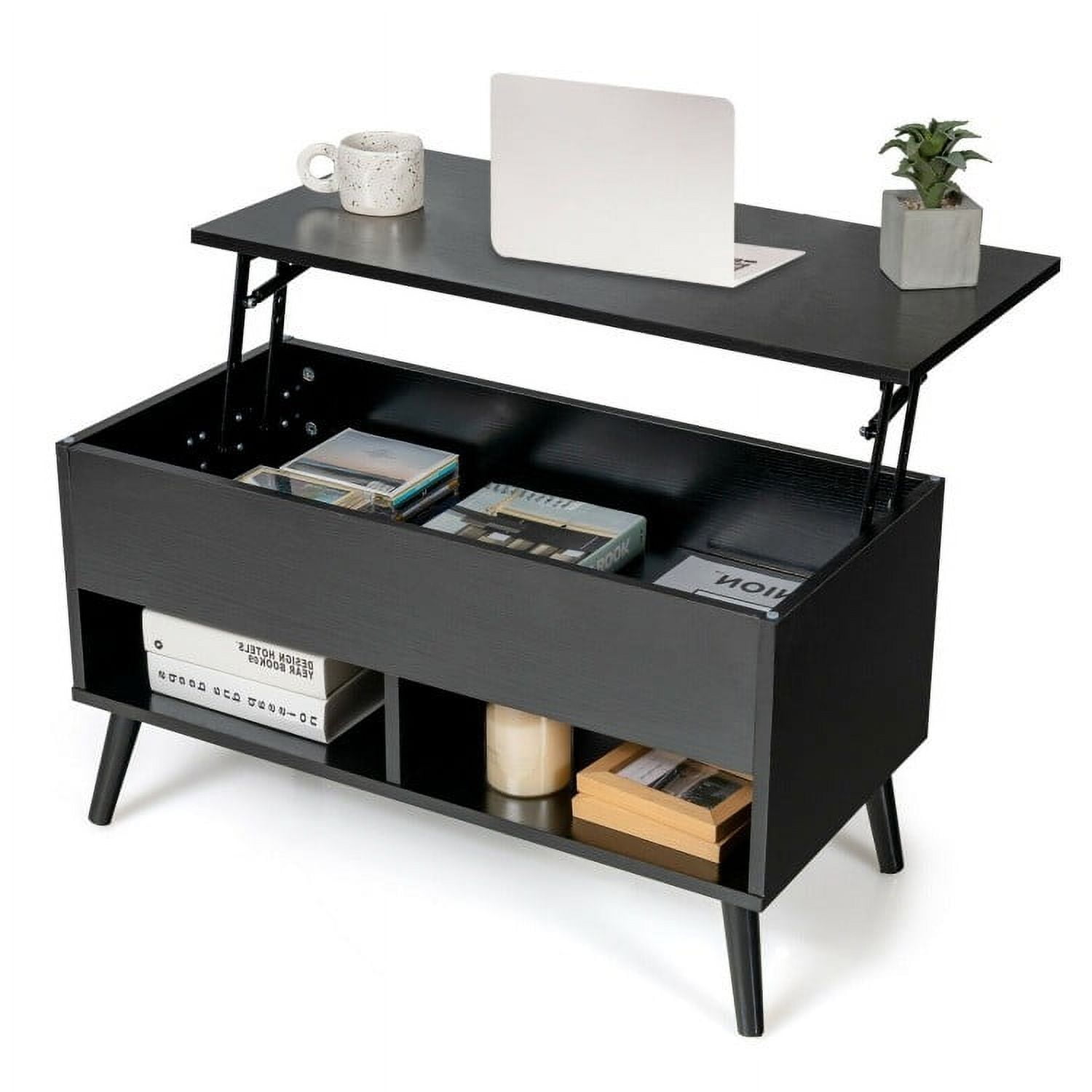 Mid-Century Lift-Top Coffee Table Sofa Laptop Desk in Black Wood Finish ...
