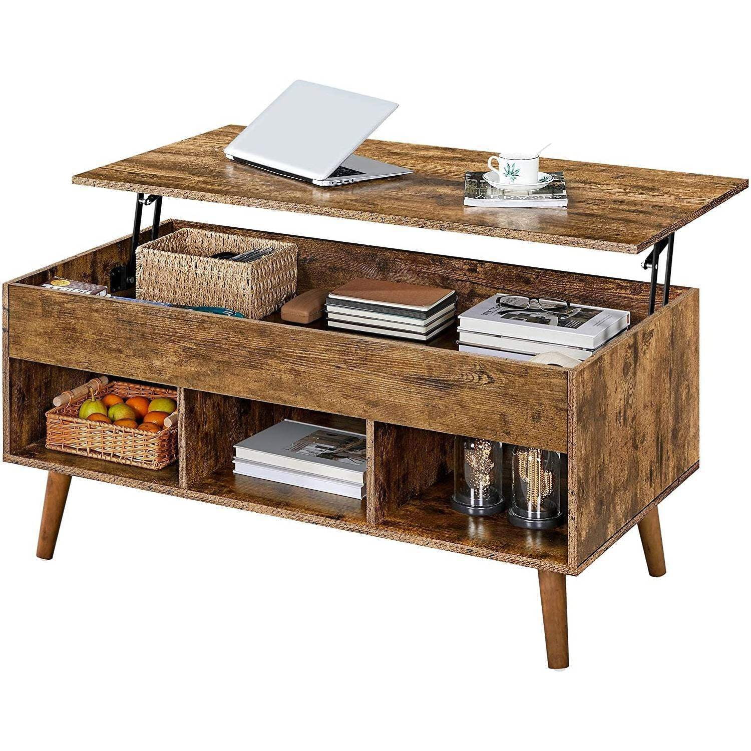 Mid-Century Lift-Top Coffee Table Sofa Laptop Desk in Rustic Brown Wood ...