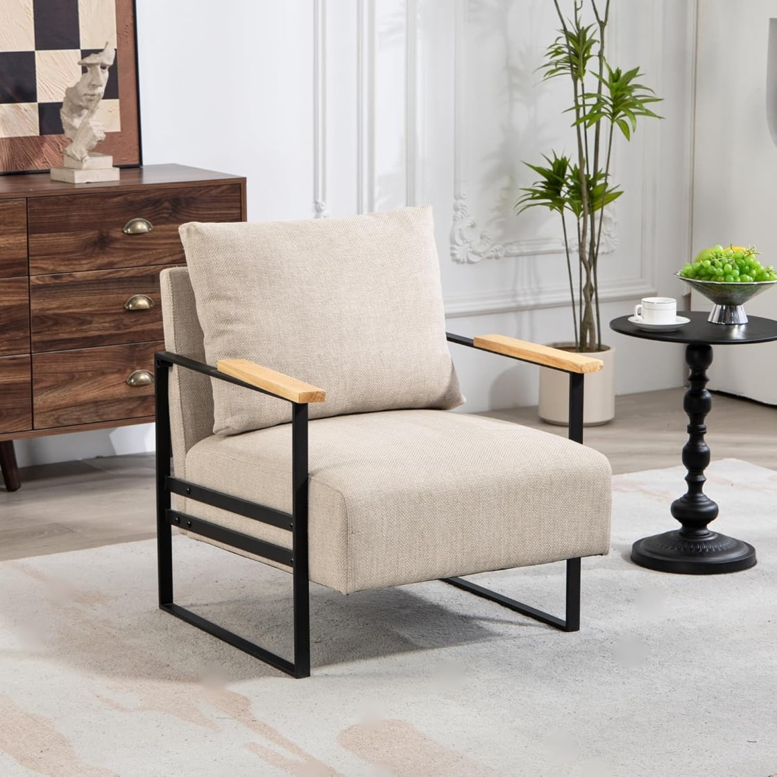 Mid Century Linen Armchair with Metal Frame, Upholstery Accent Chair ...