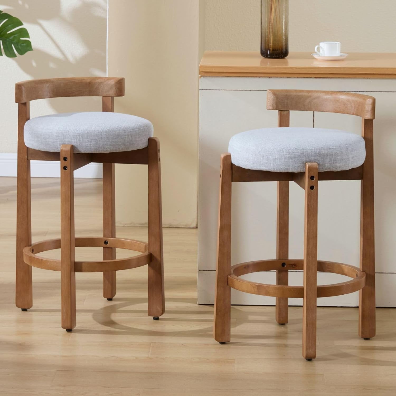 Mid Century Linen Single Counter Stools Upholstered 26.5" Seat Height ...