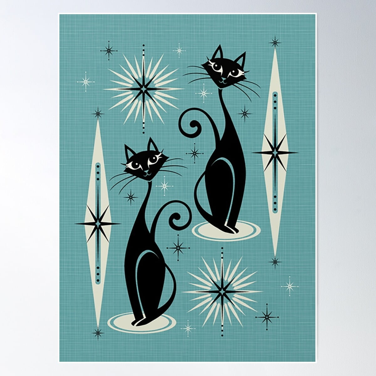 Mid Century Meow Retro Atomic Cats On Blue Poster Wall Art, Modern Wall Decor For Living Room ...
