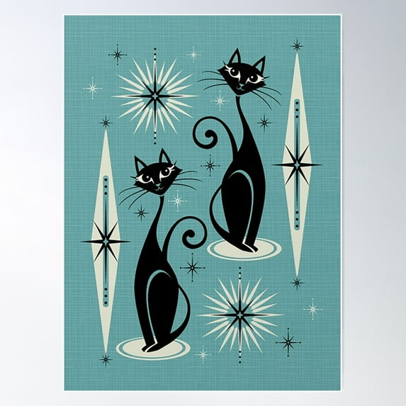 Mid Century Meow Retro Atomic Cats On Blue Poster Wall Art, Modern Wall Decor For Living Room ...