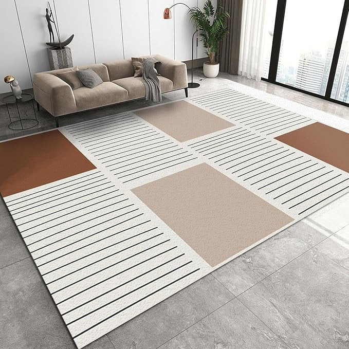 Mid Century Minimalist Kids Rugs, Simple Brown Cream Geometric Lines ...