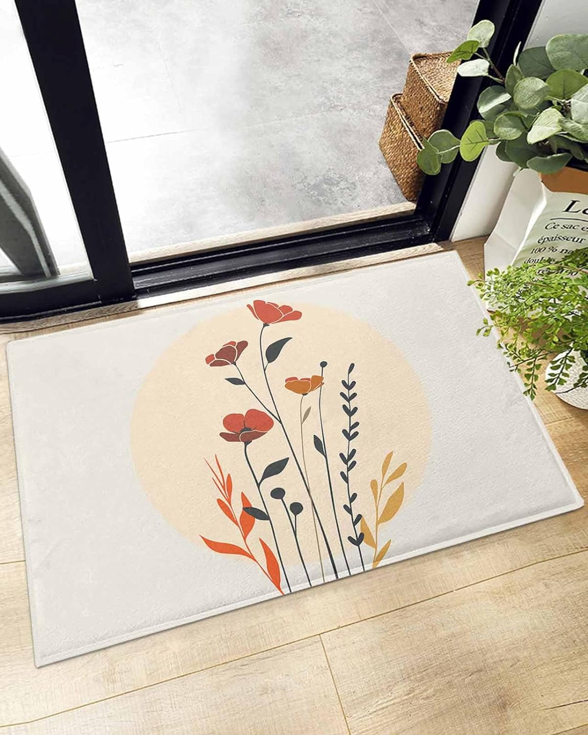 Mid Century Minimalistic Floral Leaves Doormat Shaggy Plush Rug, Comfy ...