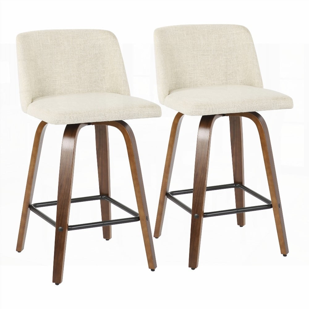Mid-Century Modern 2-Piece Walnut and Cream Fabric Counter Stools by ...
