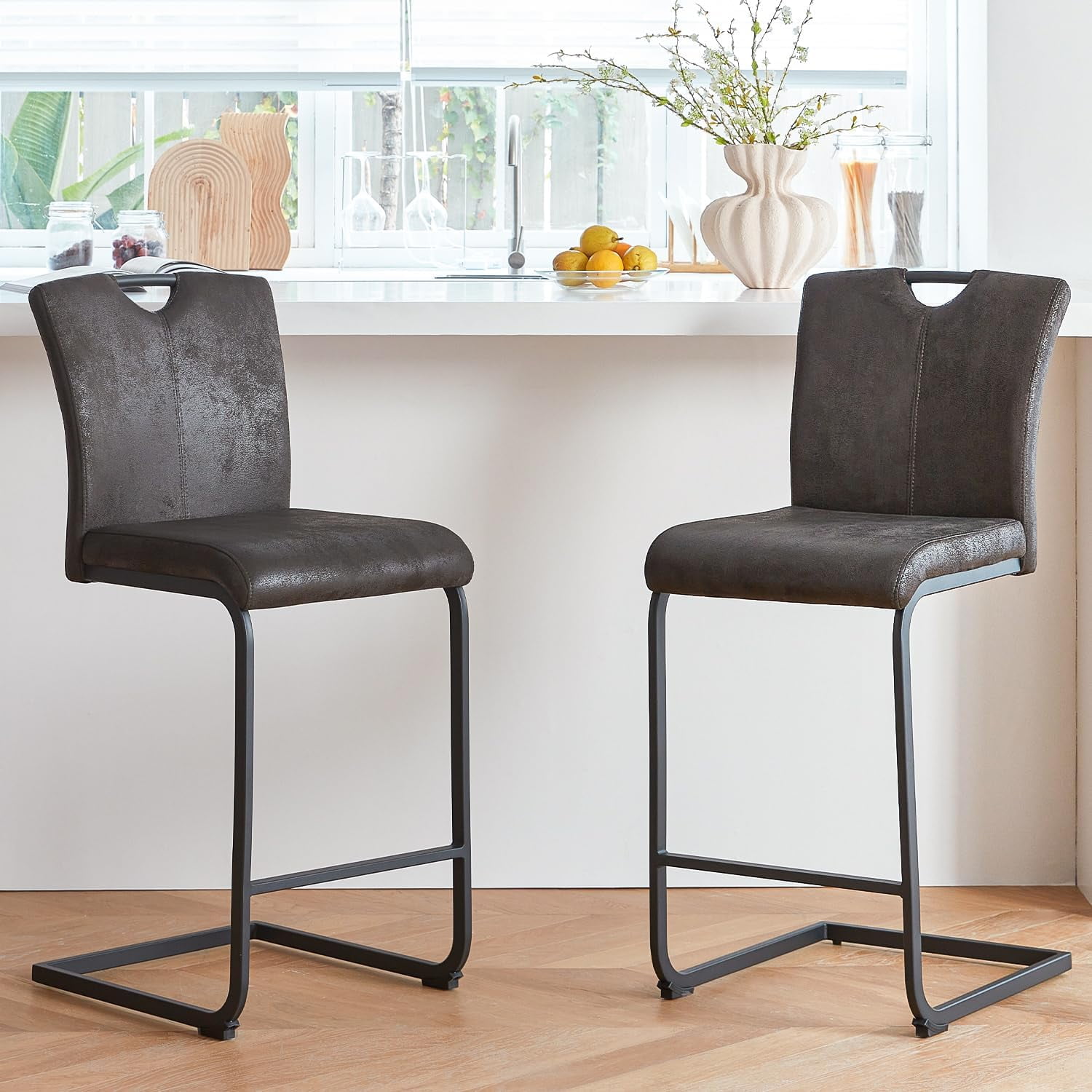 Mid Century Modern 24 Inch Black Bar Stools Set of 2 with Back ...