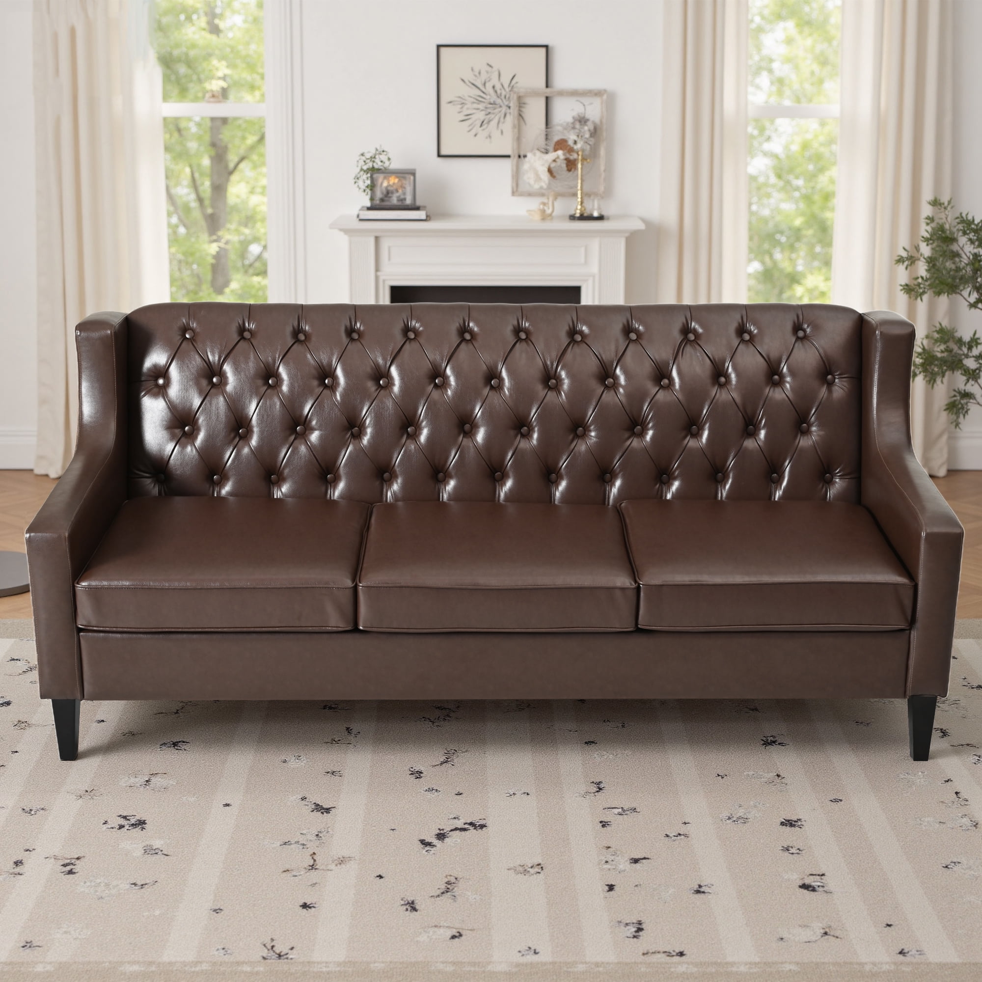 Mid-Century Modern 3 Seats Faux Leather Sofa Button Tufted Couch For ...