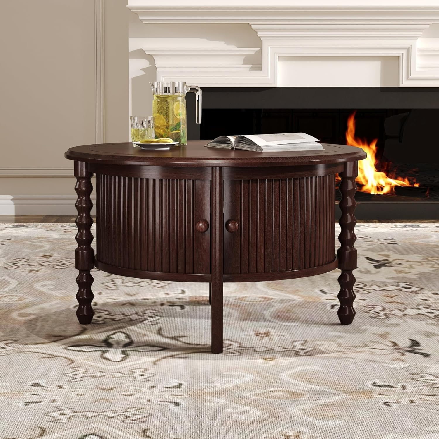 Mid-Century Modern 30.3 Round Coffee Table with Sliding Door & Hidden ...