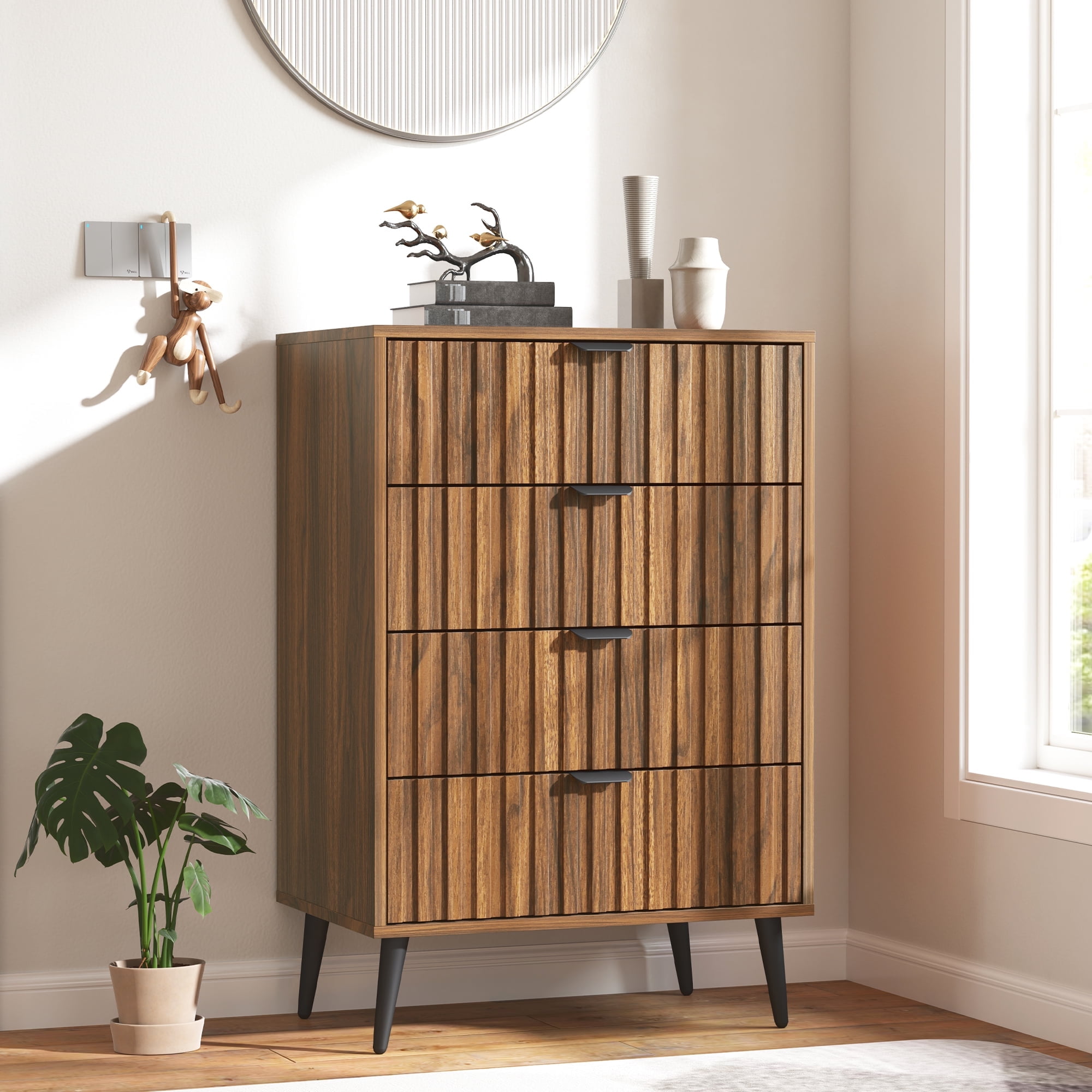 Mid-Century Modern 4-Drawer Fluted Dresser - Natural Wood Finish ...