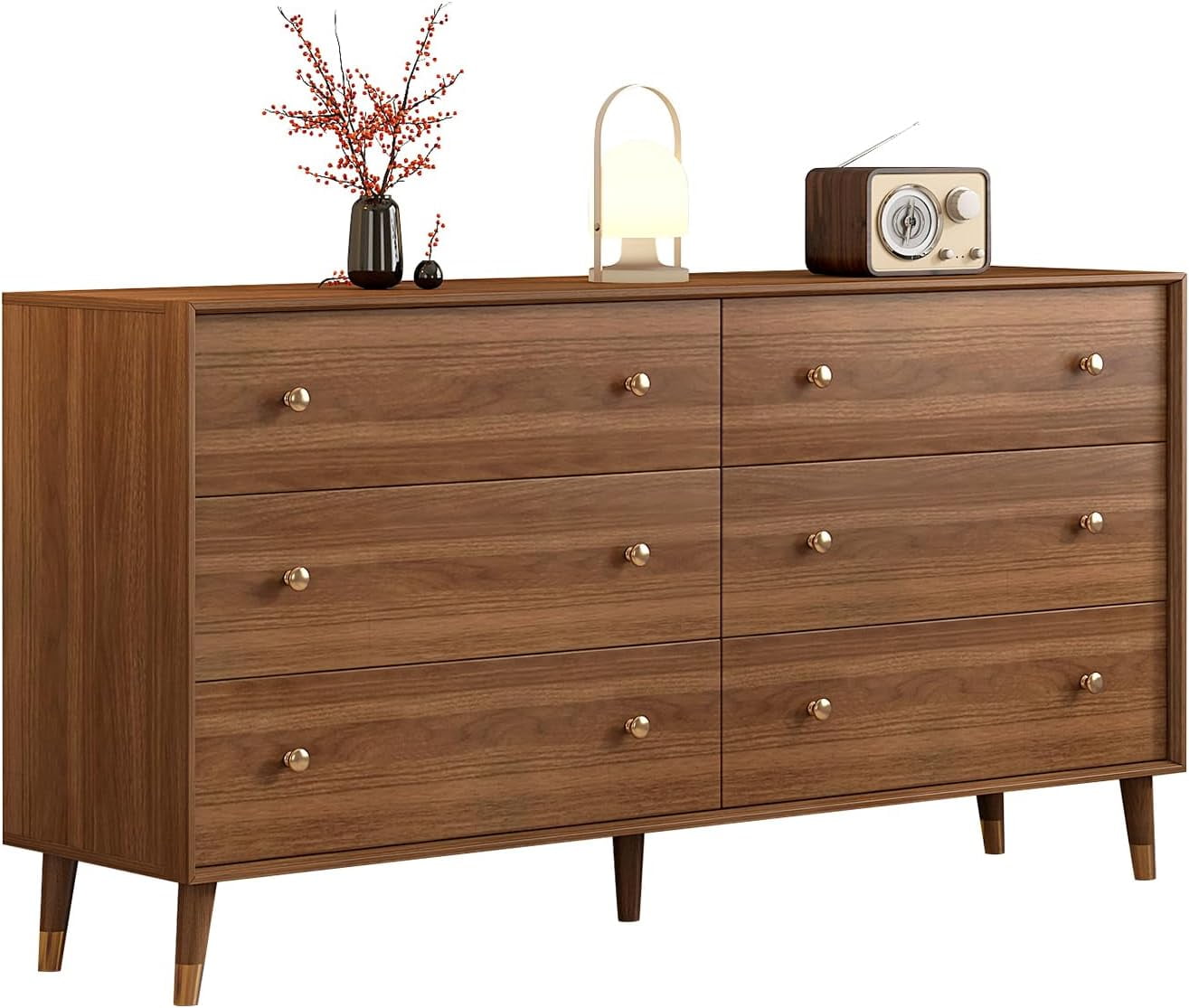 Mid Century Modern 6-Drawer Dresser, 55 Inch Wide Solid Wood Frame ...