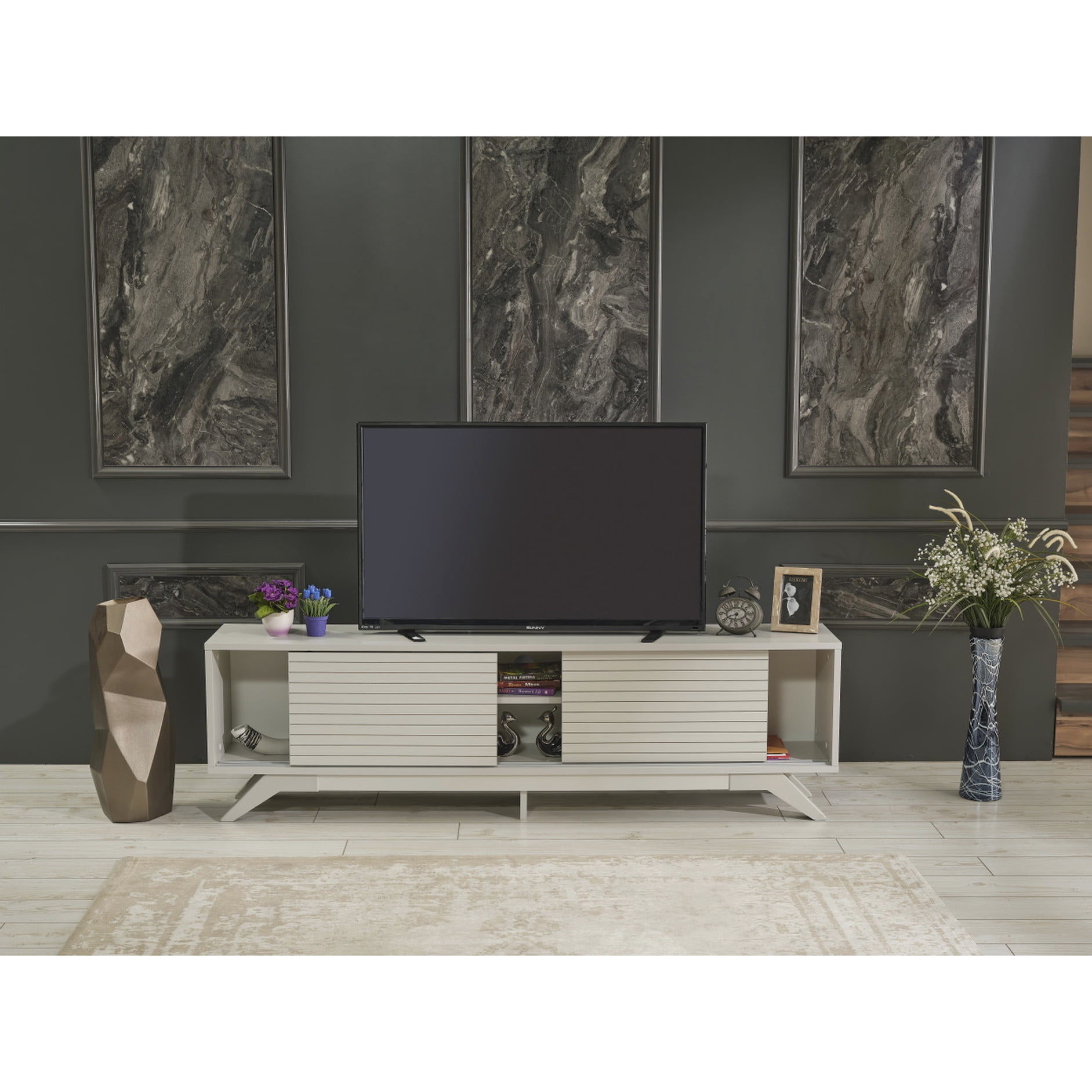 Mid Century Modern 67-inch TV Unit - Grey, 2 Sliding Doors, 2 Shelves ...