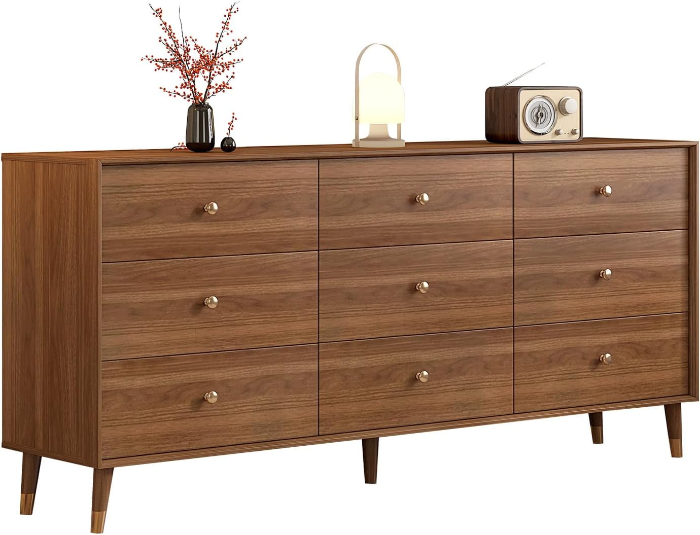 Mid Century Modern 9-Drawer Dresser, 63 Inch Wide Solid Wood Frame ...