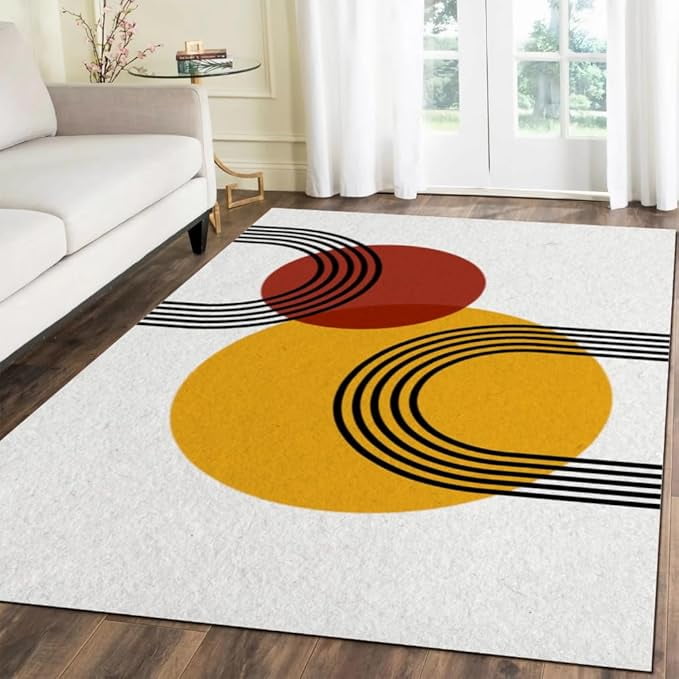 Mid Century Modern Abstract Black Lines Area Rug, Bohemian Yellow Red ...