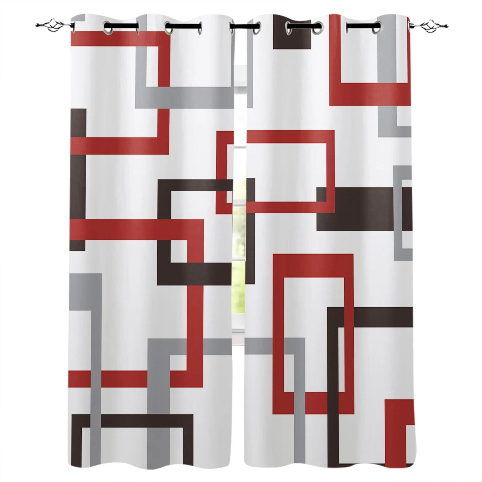 Mid Century Modern Abstract Geometric Red White Curtains for Living ...