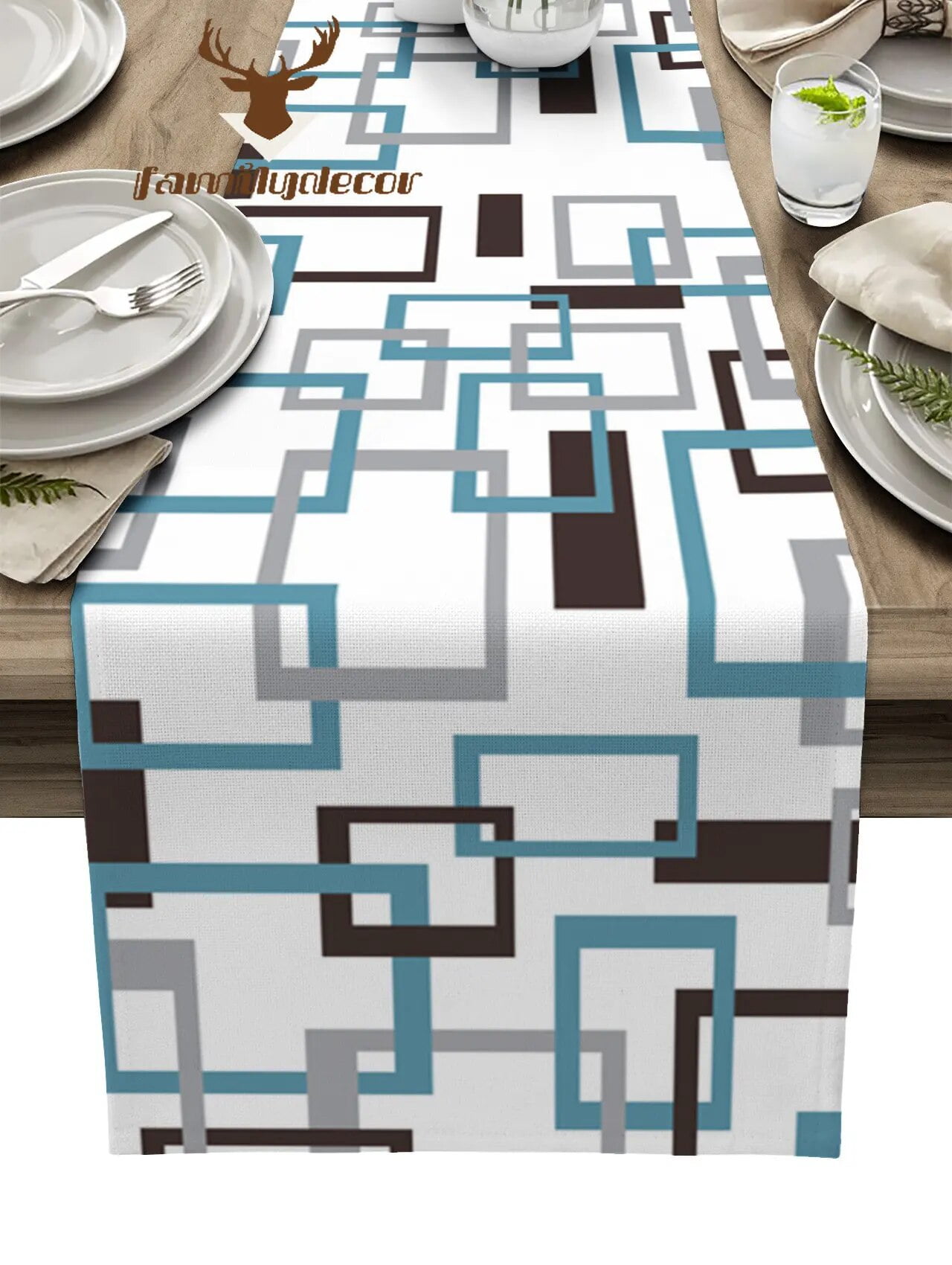 Mid Century Modern Abstract Geometry Blue White Table Runner Home ...