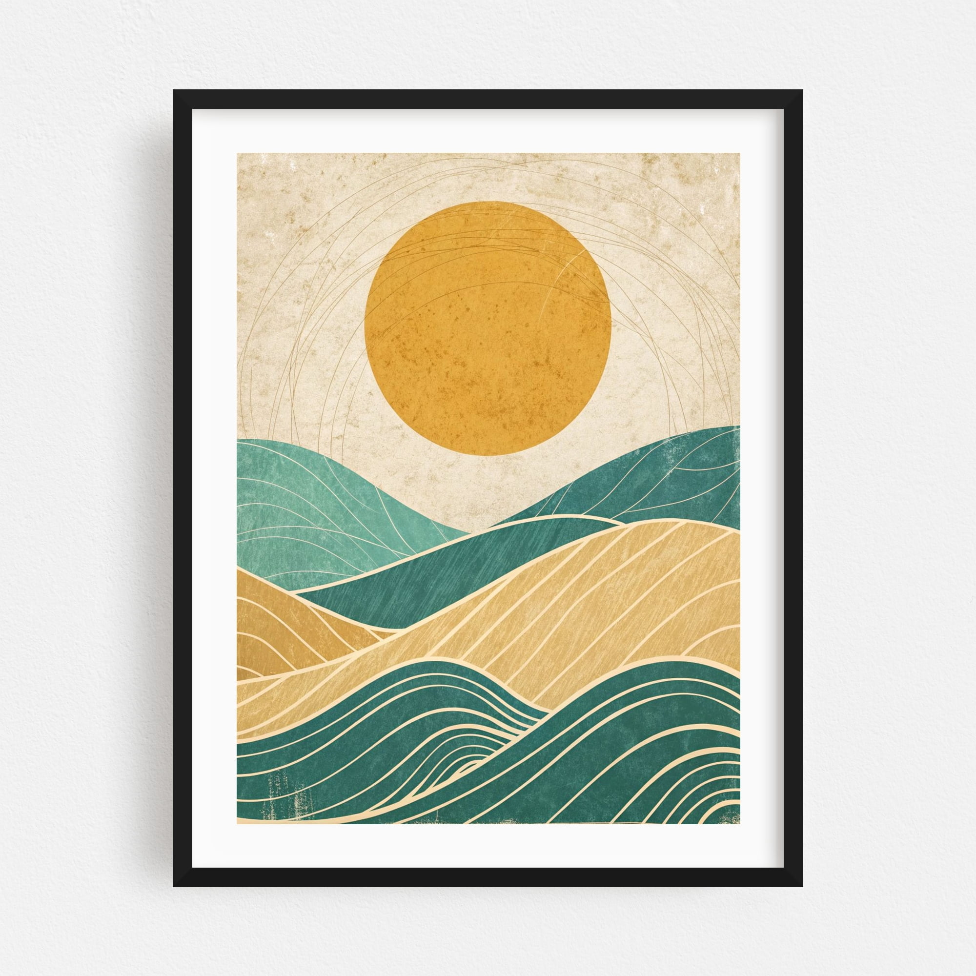 Mid-Century Modern Abstract Landscape with Sun and Terraced Hills ...