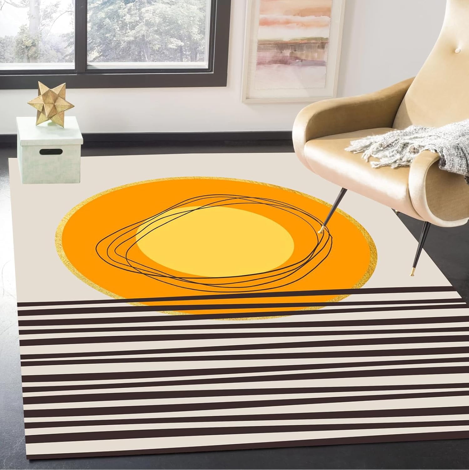 Mid Century Modern Abstract Sunrise Area Rugs Black Yellow White ...