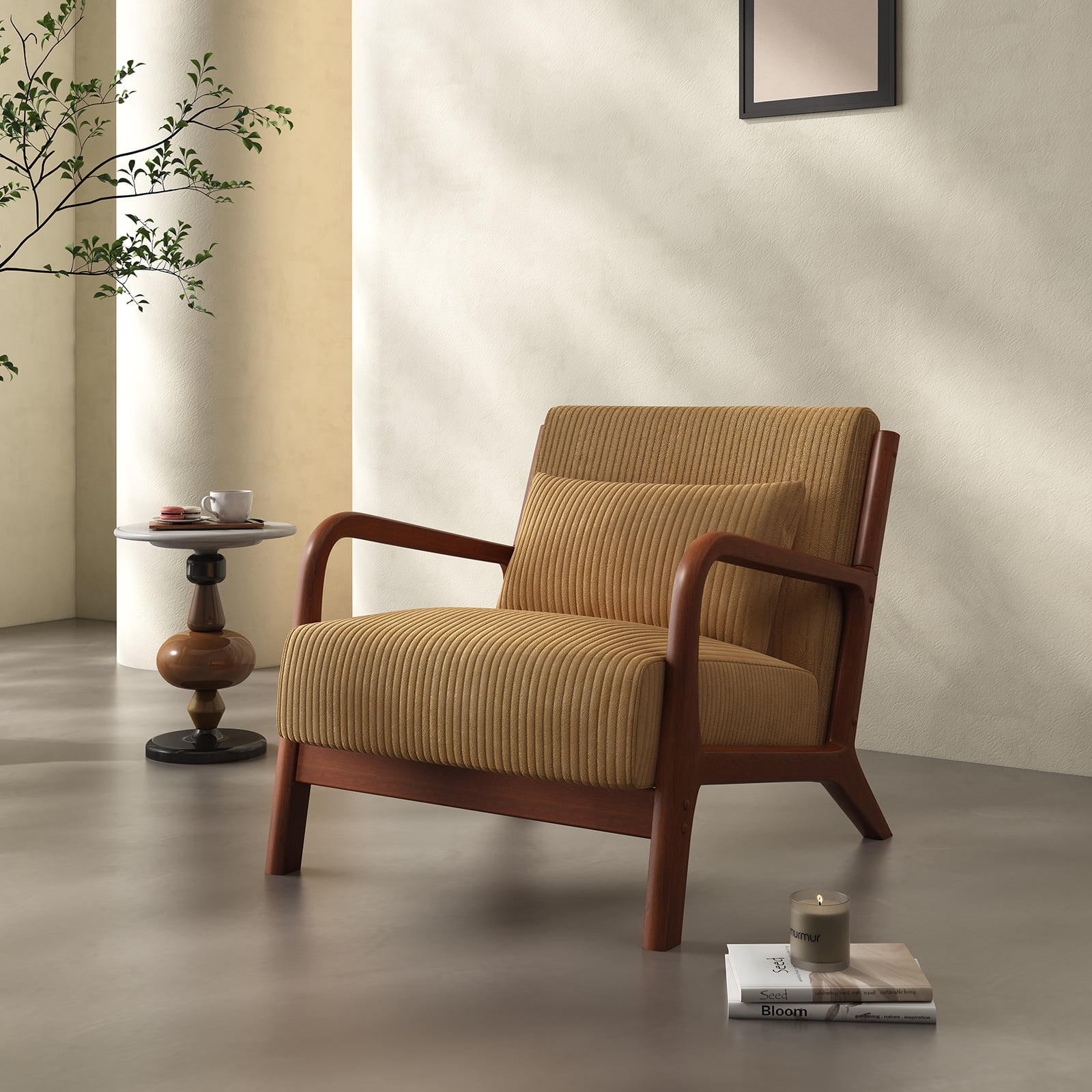 Mid Century Modern Accent Chair, Comfy Fabric Reading Chair with Solid ...