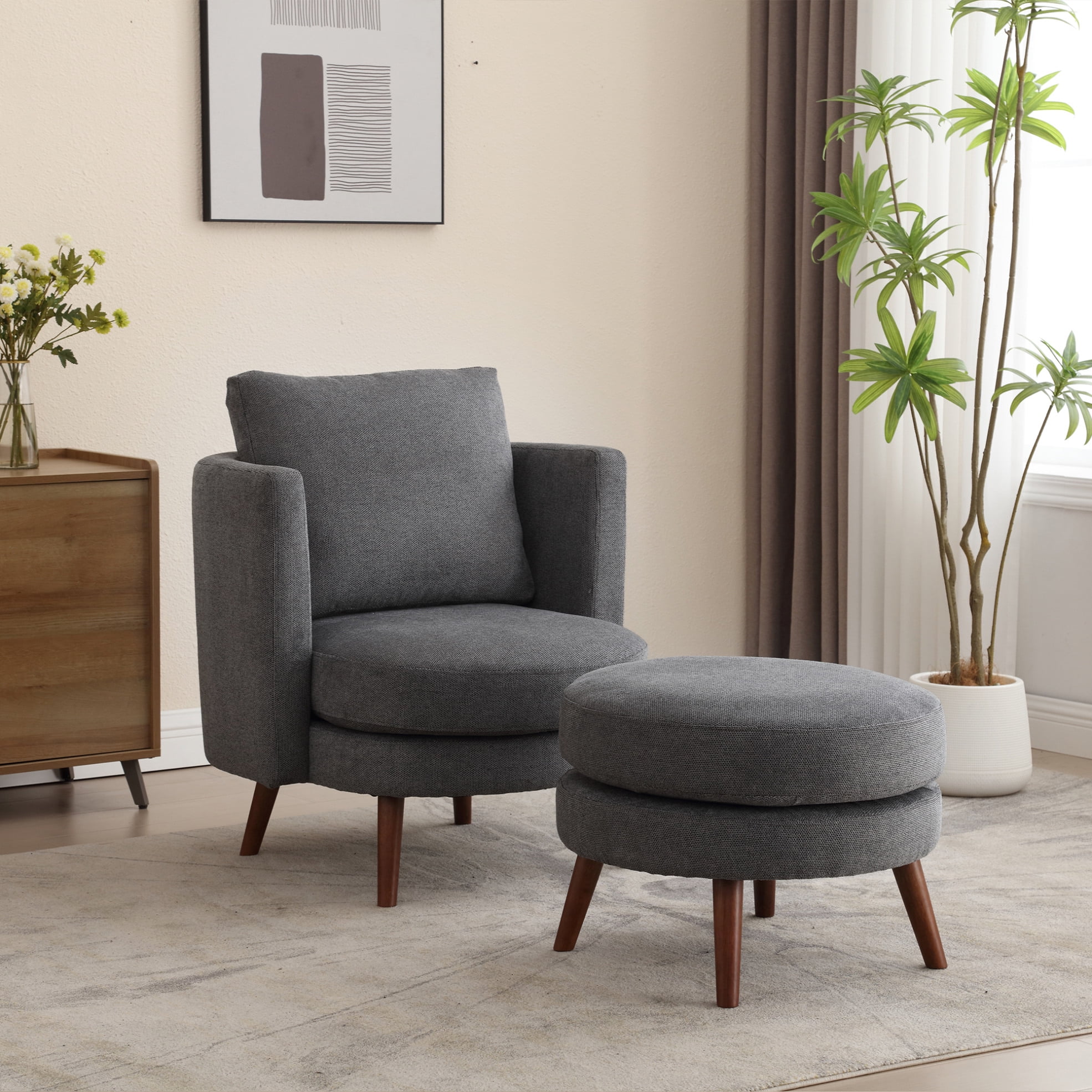 Mid Century Modern Accent Chair with Dual-layer Round Ottoman, Comfy ...