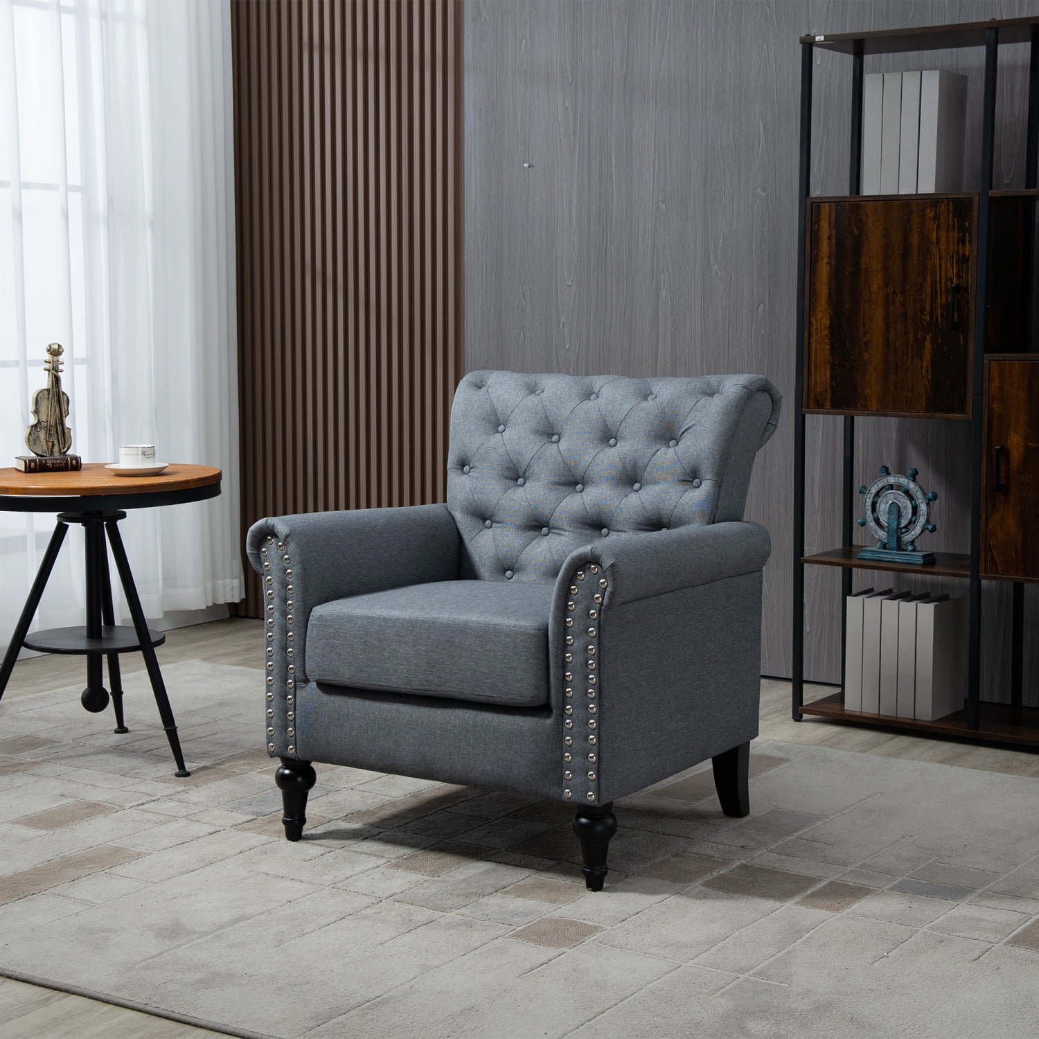 Mid-Century Modern Accent Chair Linen Armchair w/Tufted Back/Wood Legs ...
