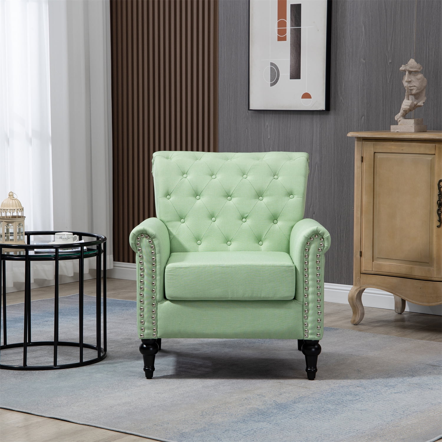 Mid-Century Modern Accent Chair, Linen Upholstered Armchair with Tufted ...