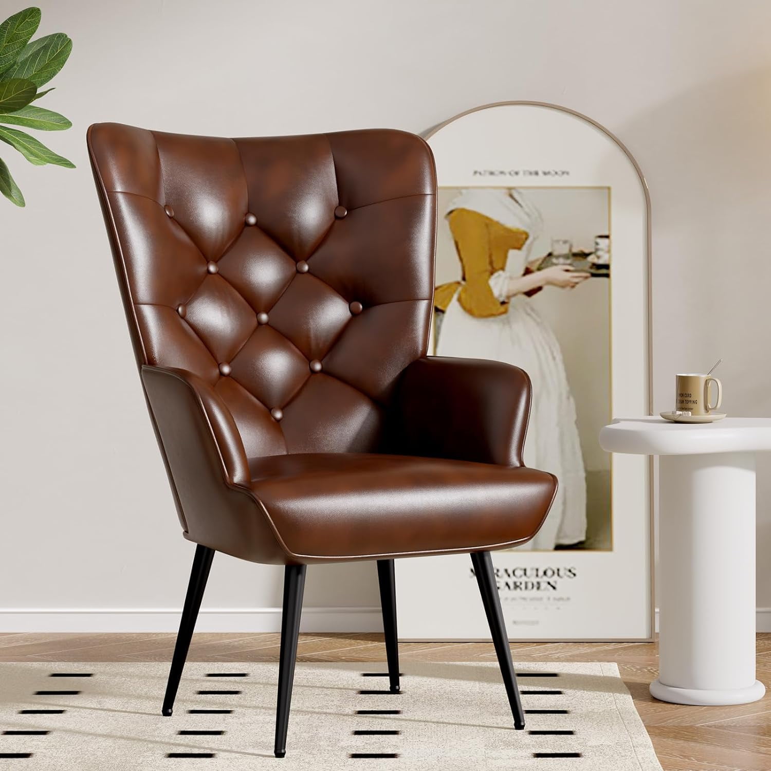 Mid Century Modern Accent Chair, PU Leather Upholstered Tufted Button ...