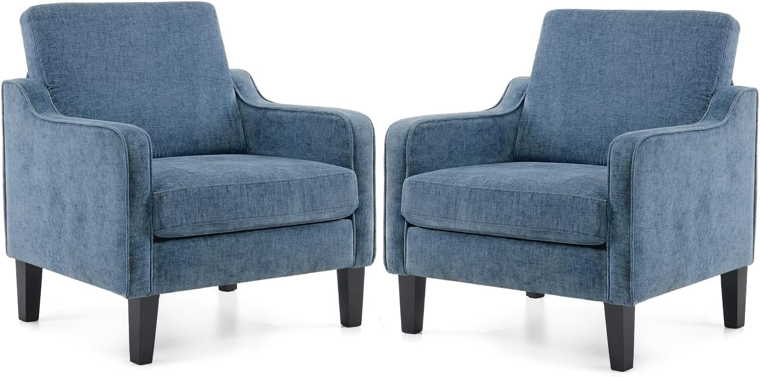 Mid Century Modern Accent Chair Set of 2,Navy Blue Chenille Chairs for ...