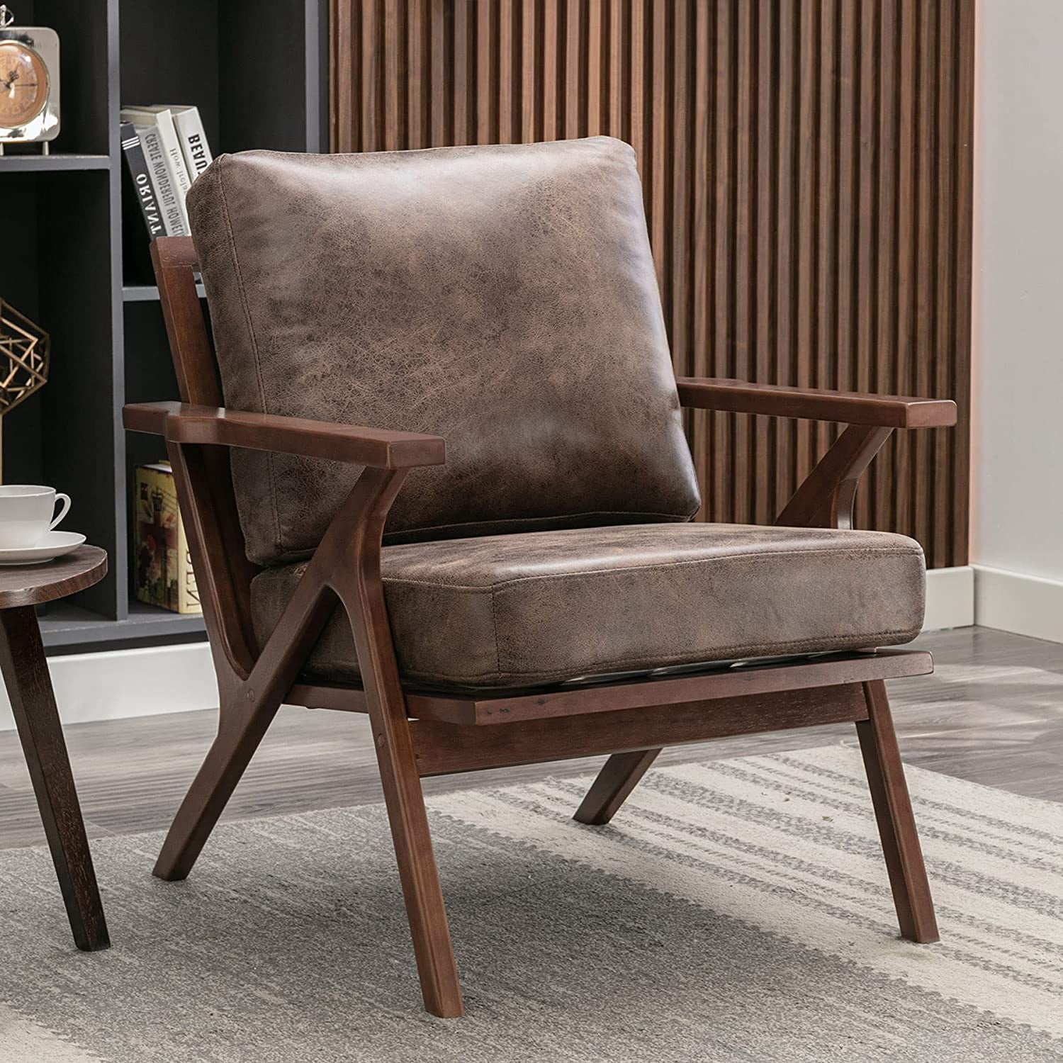 Mid-Century Modern Accent Chair Upholstered Armchair with Solid Wood ...