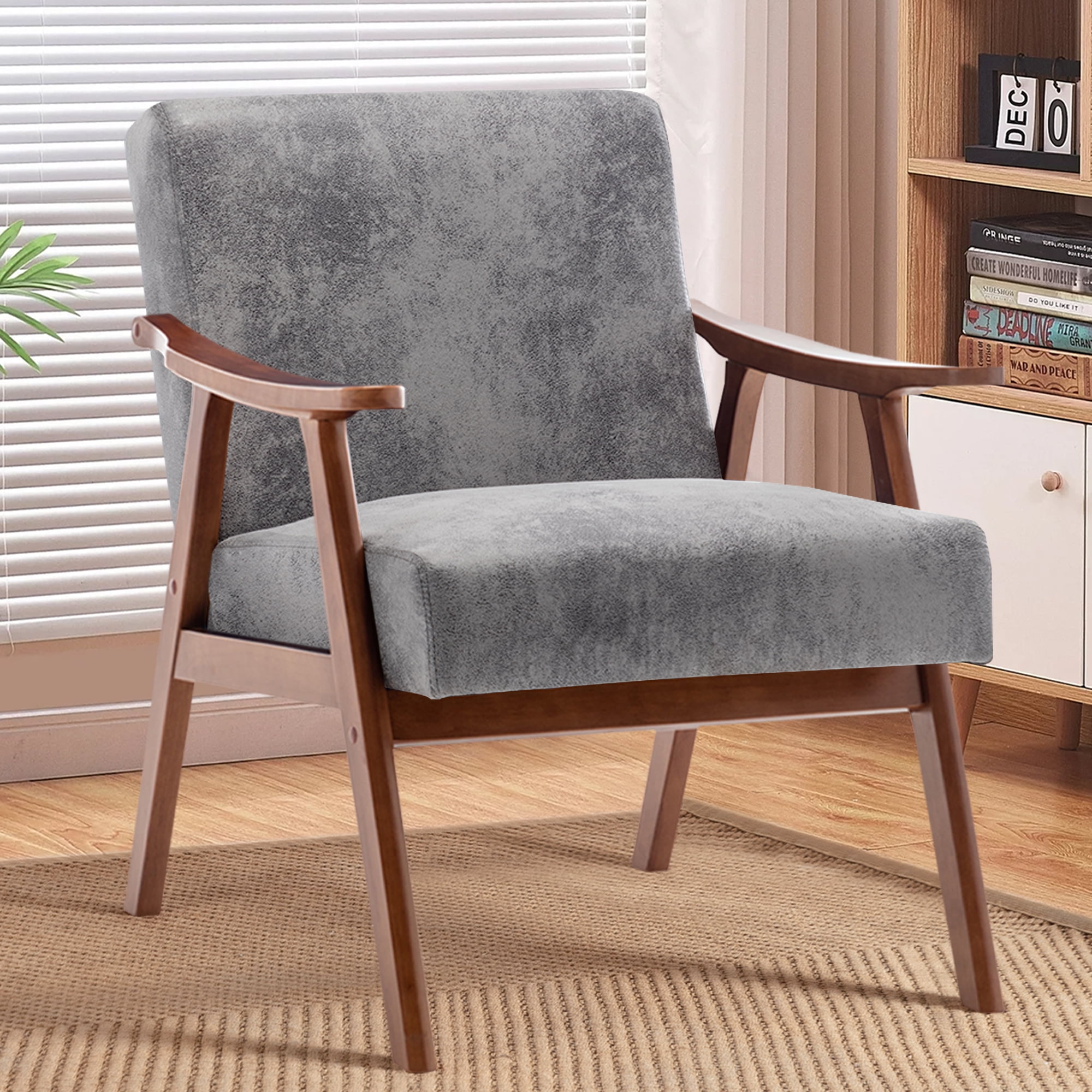 Mid-Century Modern Accent Chair,Velvet Upholstered Arm Chair with Solid ...