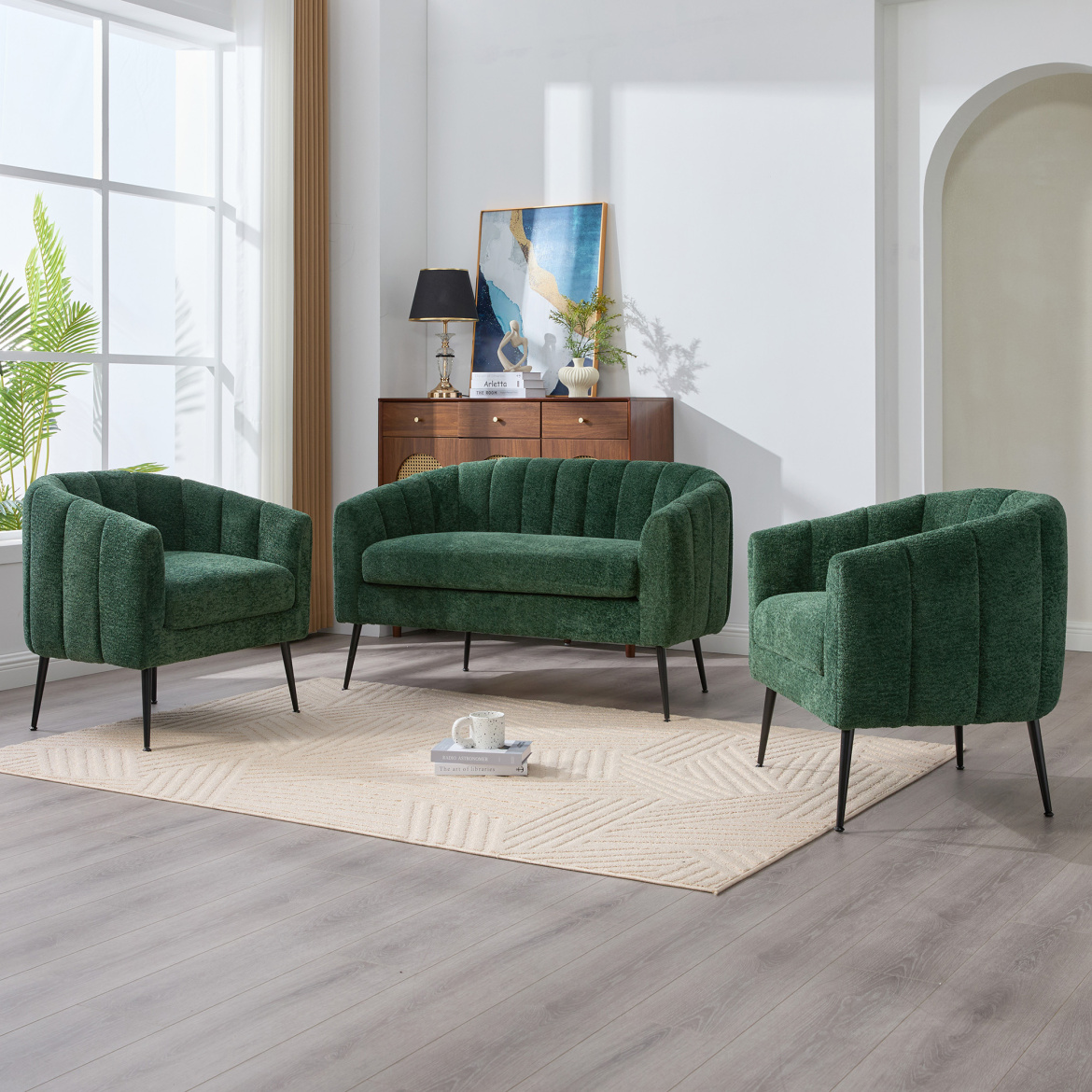 Mid Century Modern Accent Sofa Set of 3,Chenille Small Living Room ...