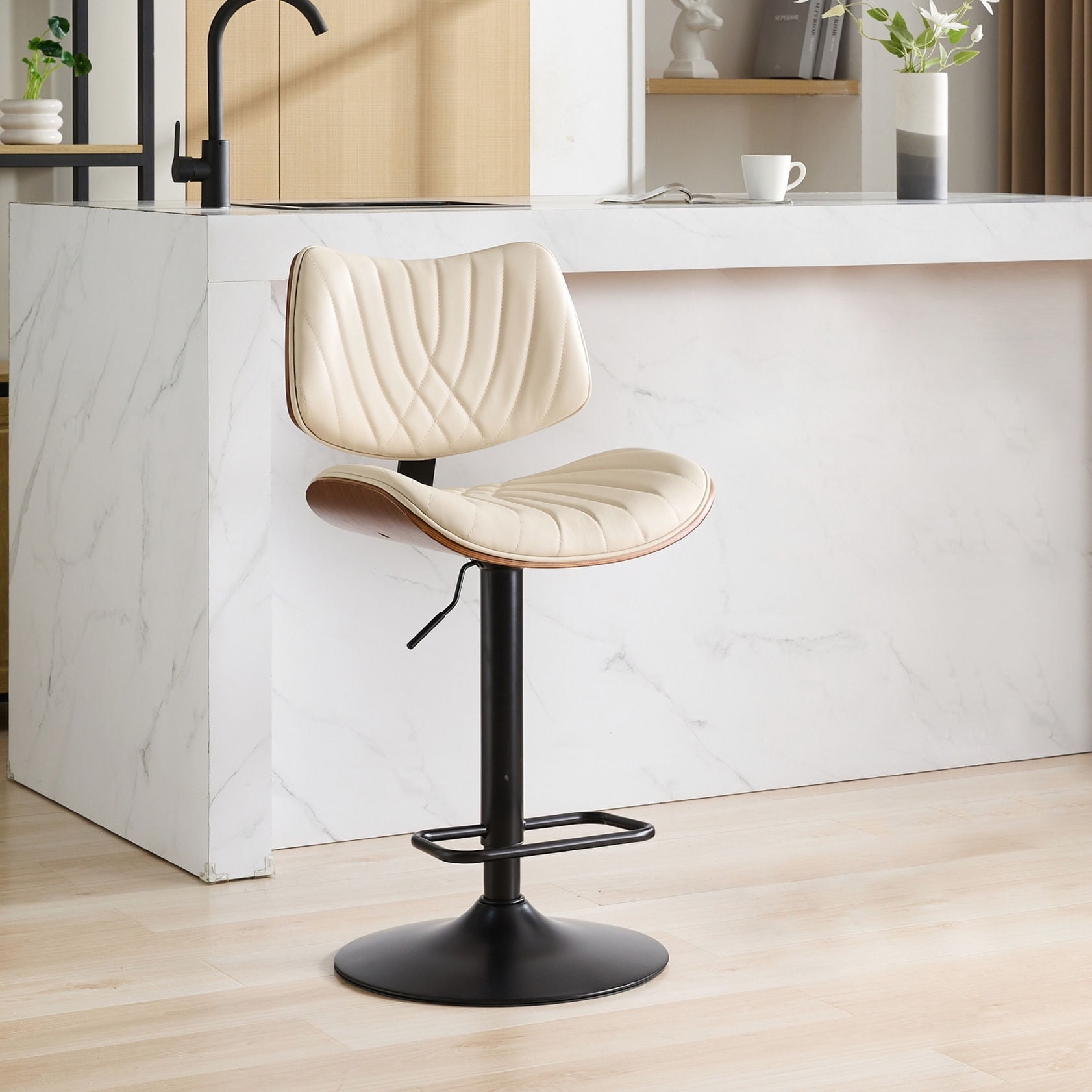 Mid Century Modern Adjustable Bar Stool, Beige Leather | Larger Seat ...