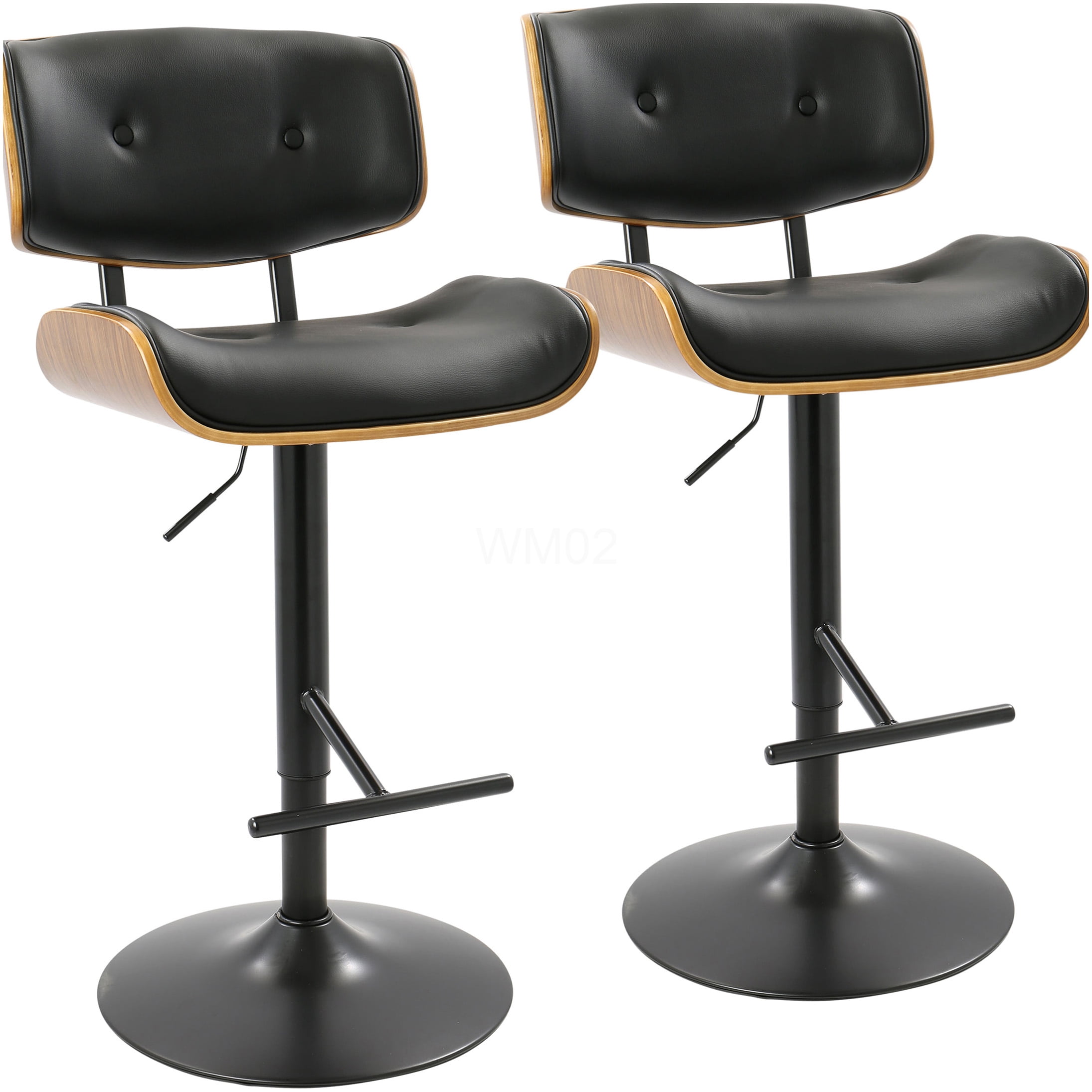 Mid-Century Modern Adjustable Swivel Bar Stools, Set of 2, Black Faux ...