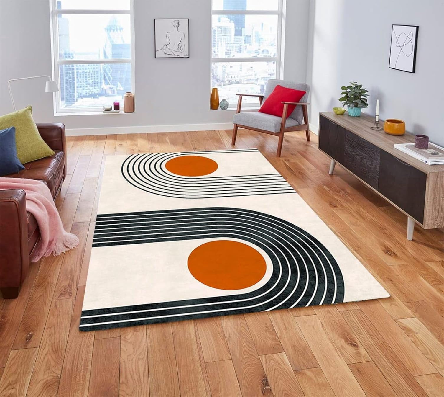 Mid-Century Modern Area Rug, Minimalist Lines Pattern Indoor Rug ...