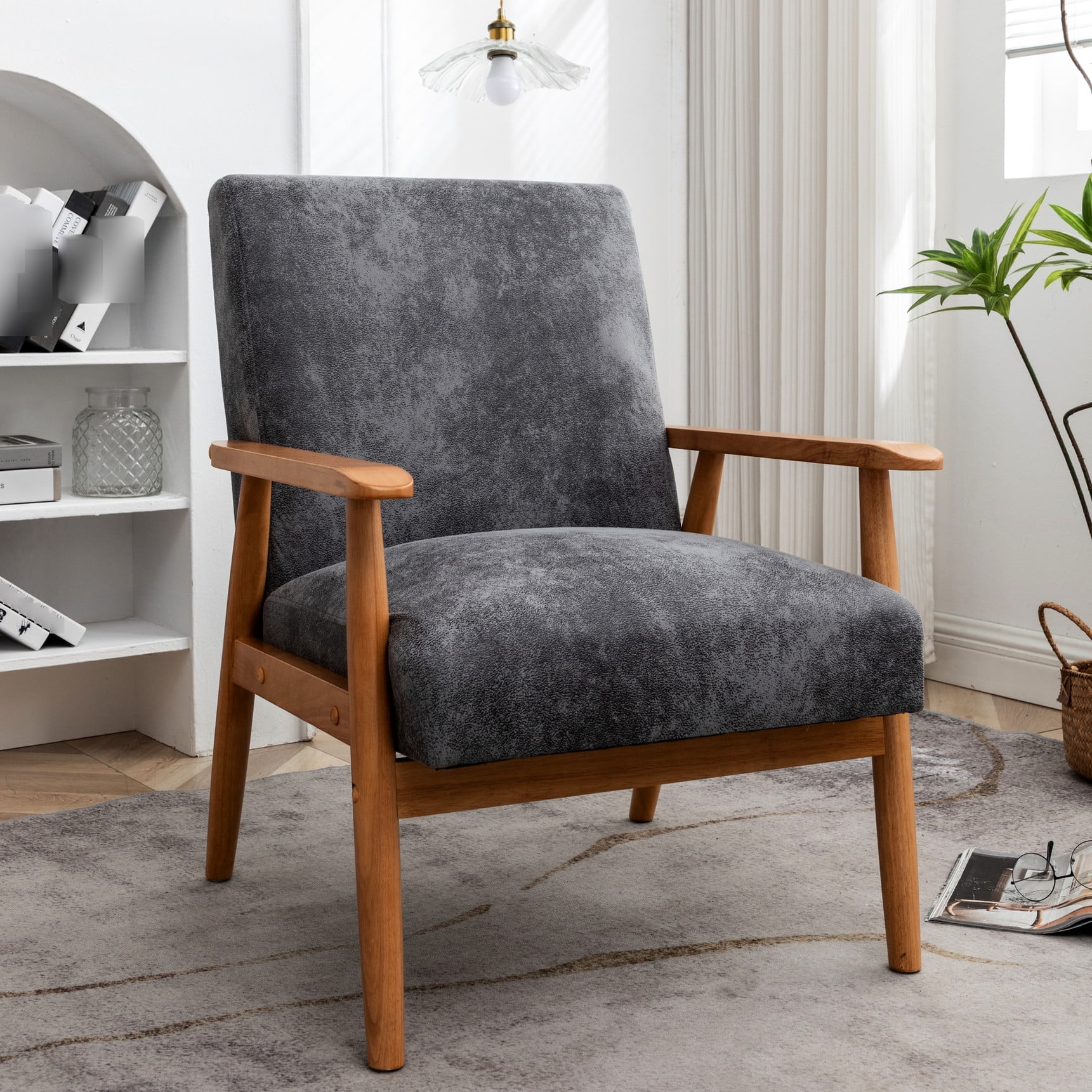 Mid-Century Modern Arm Chair / 25.38'' Wide, Grey, Solid Wood Frame ...