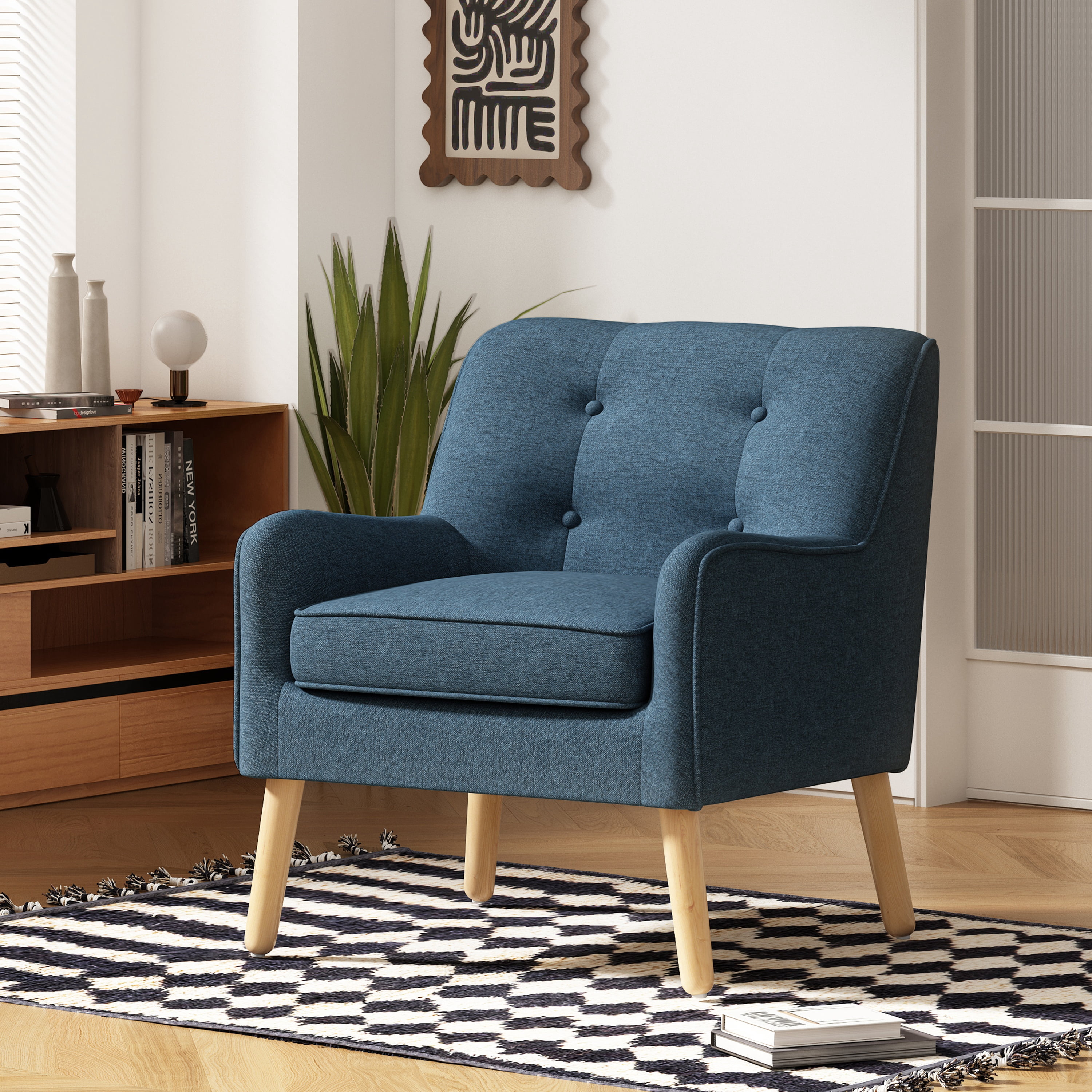 Mid-Century Modern Armchair - Tufted Fabric Accent Chair with Solid ...