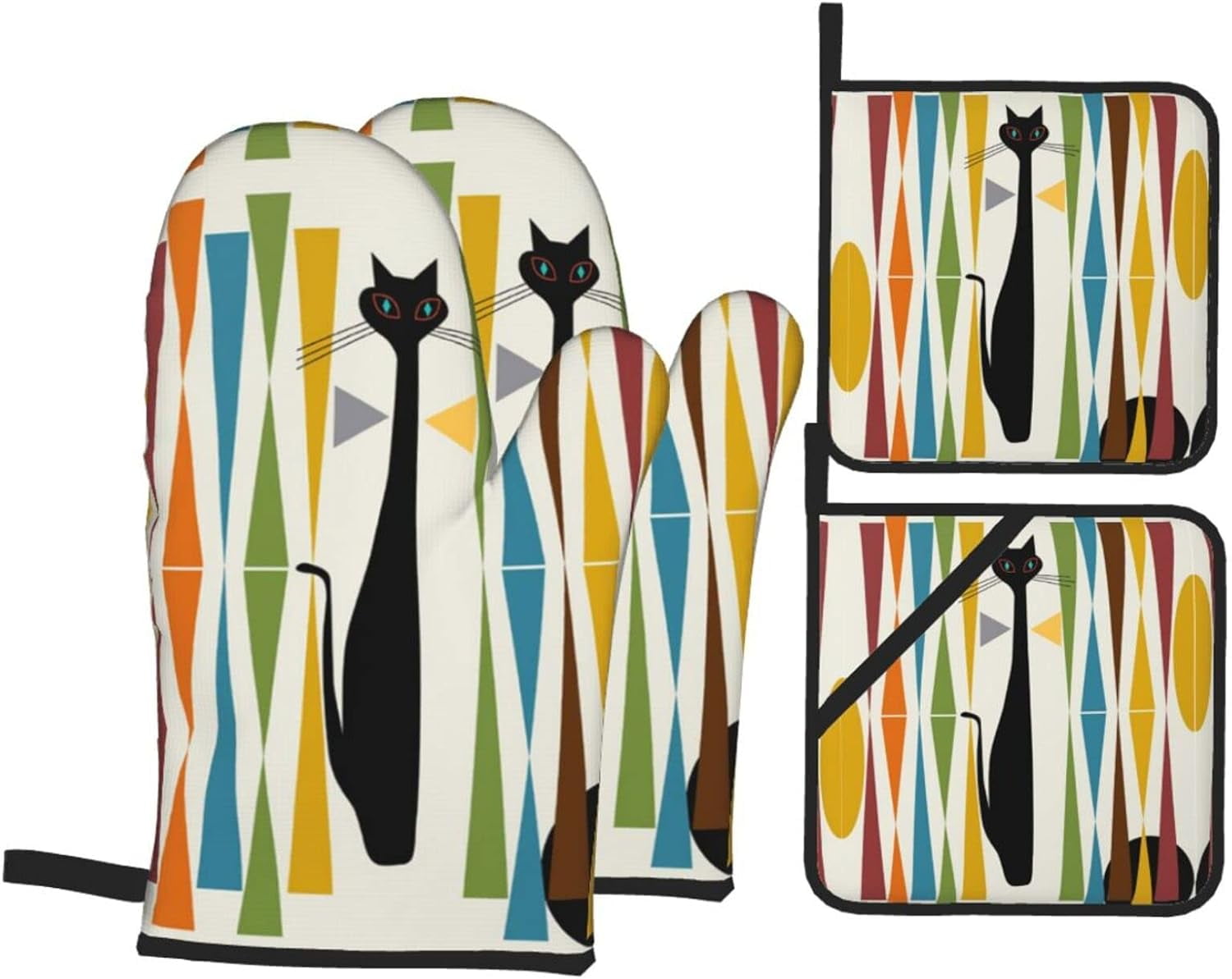 Mid-Century Modern Art Cat Oven Mitts and Pot Holders Set of 4, Fashion ...