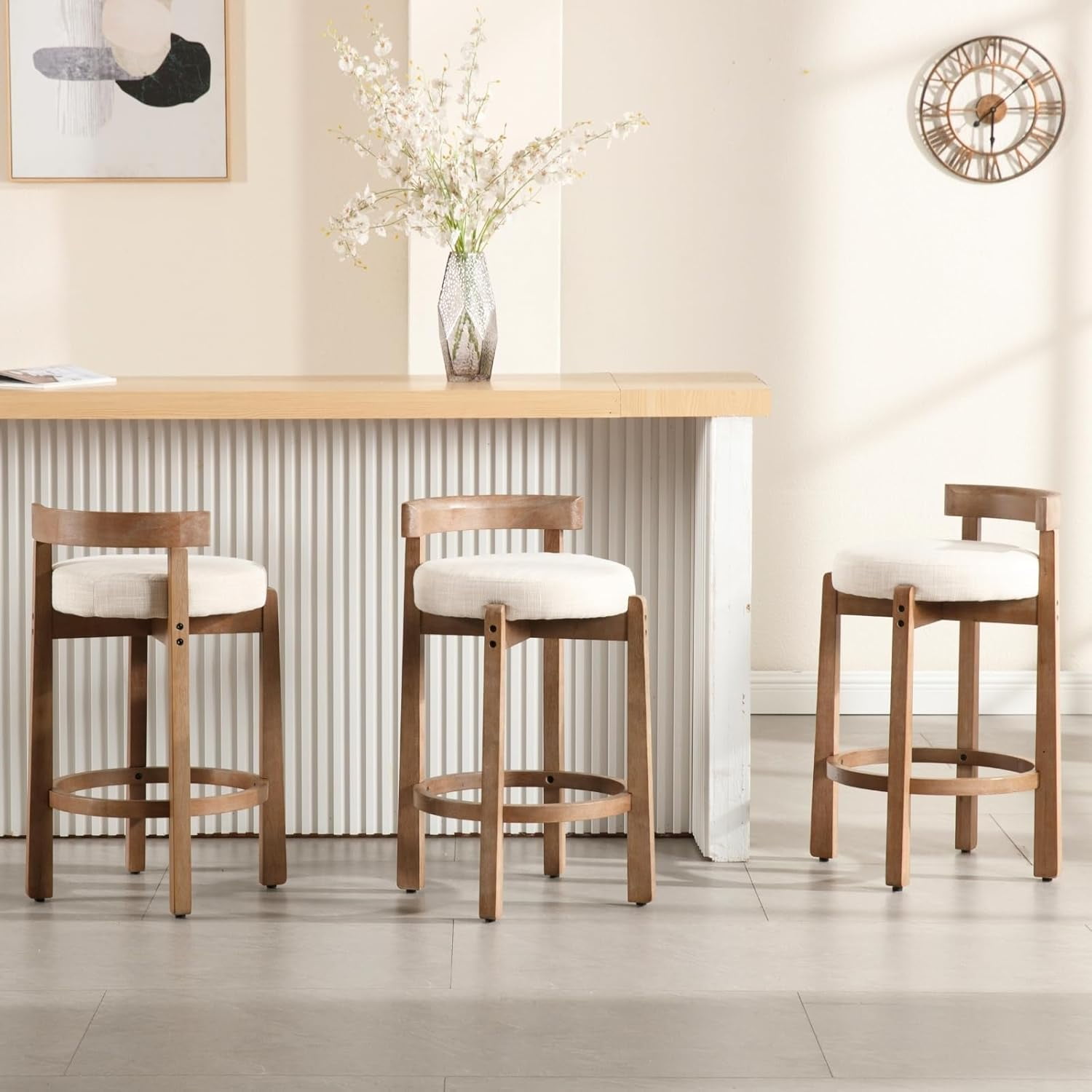 Mid Century Modern Bar Stool 26.5" Counter Stool with Back Linen ...