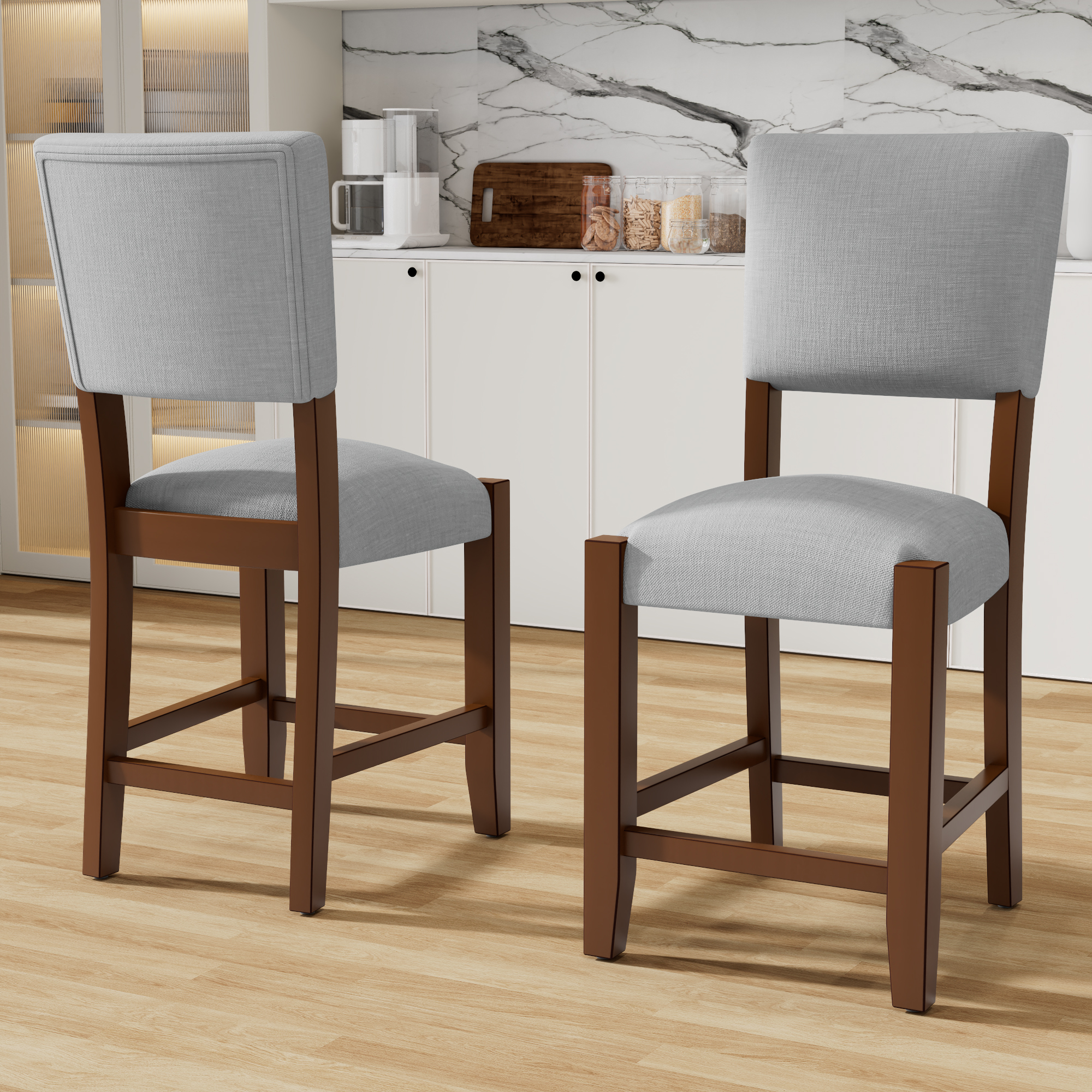 Mid Century Modern Bar Stools Set of 4, 40.4" Grey Linen Upholstered ...