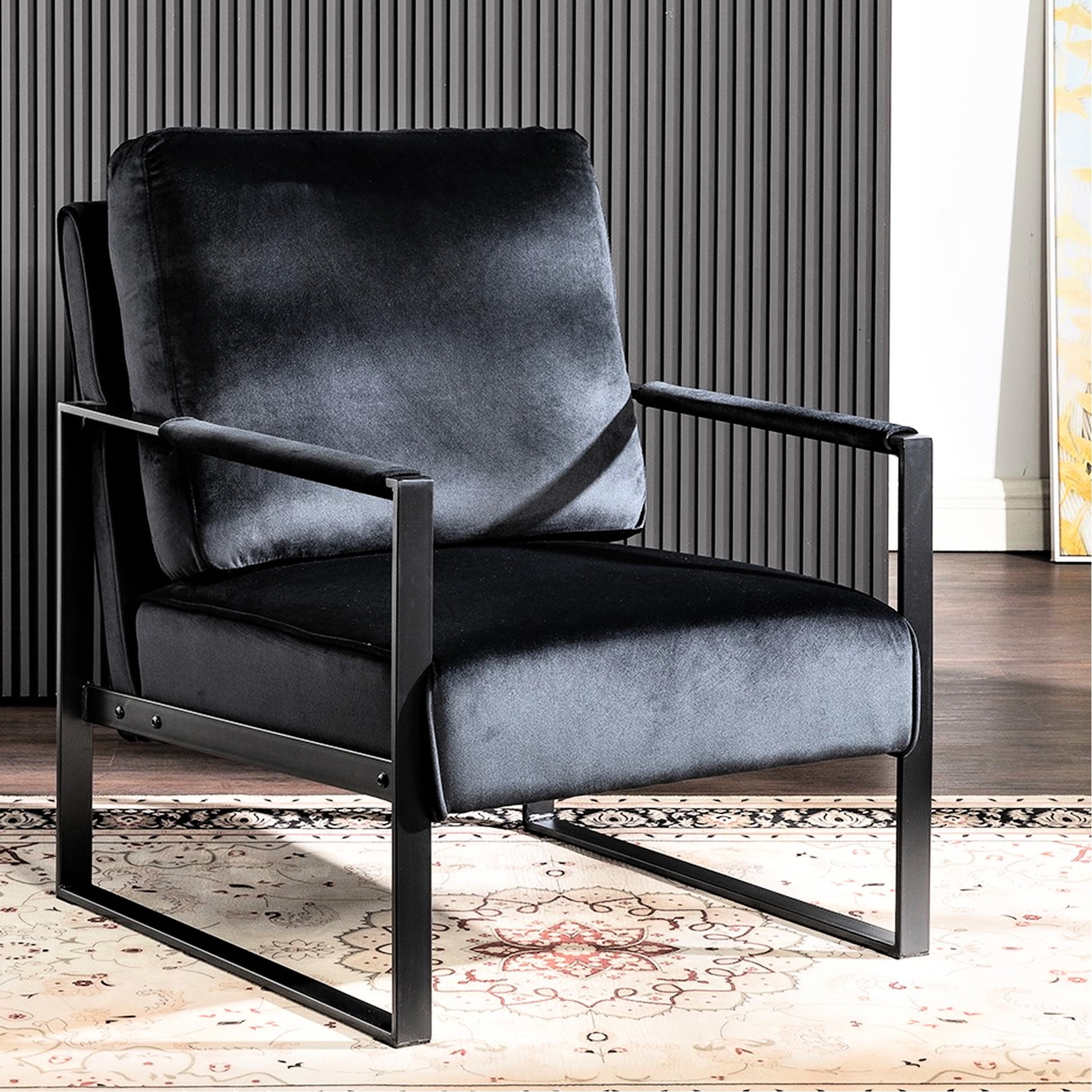 Mid Century Modern Bedroom Chair, Metal Frame, Velvet Upholstery, Black ...