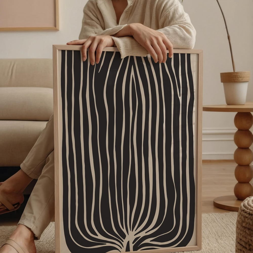 Mid-Century Modern Beige And Black Abstract Lines Printable Poster For Loft Aesthetic NO FRAMED ...