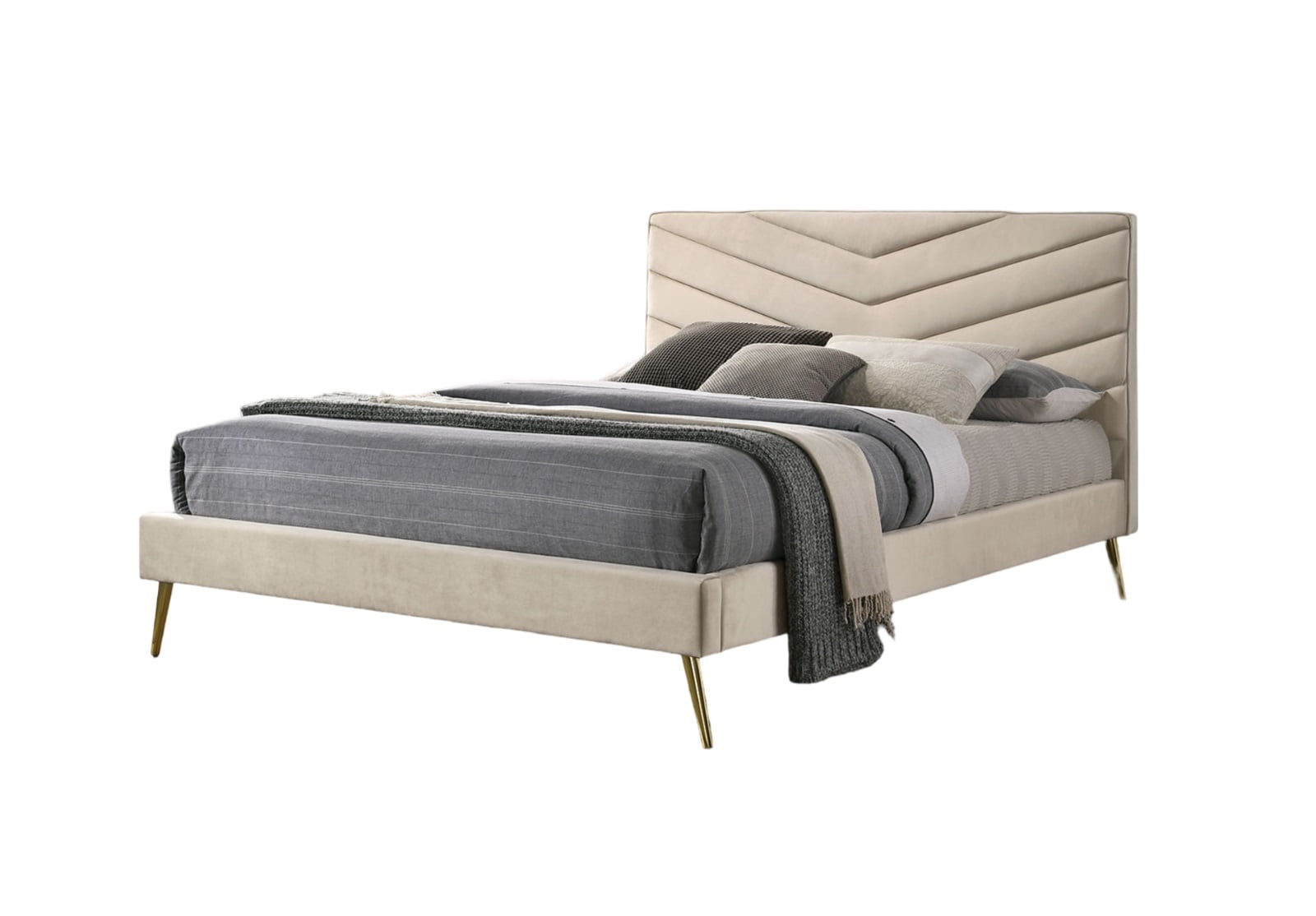 Mid-Century Modern Beige Flannelette Eastern King Bed Frame with ...