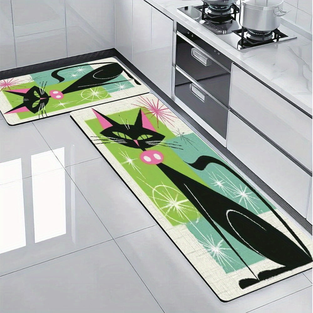 Mid-Century Modern Black Cat Bath Mat with Pink Collar, Soft Absorbent ...