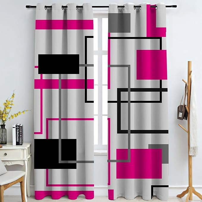 Mid Century Modern Blackout Curtain, Pink Gray Black Lines 2 Panels ...