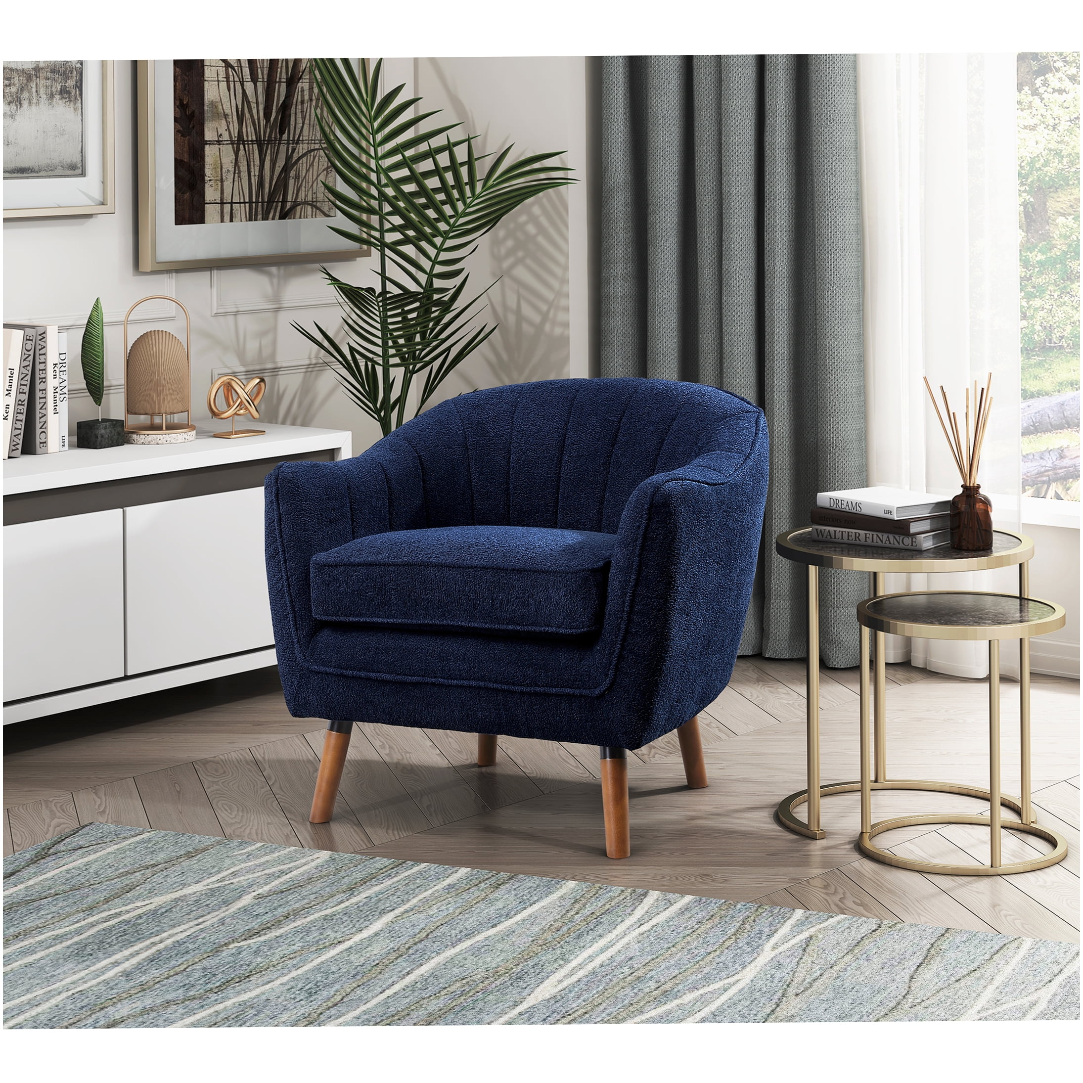 Mid-Century Modern Blue Accent Chair with Channel Tufted Back and Solid ...