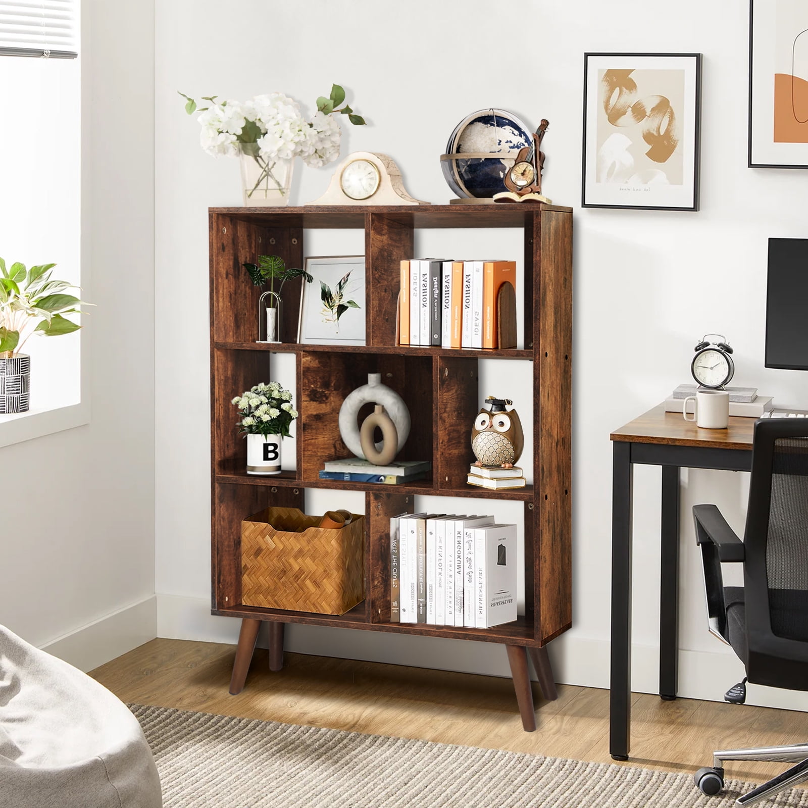 Mid Century Modern Bookshelf, 7 Cube Bookcase with Legs, Mid Century ...