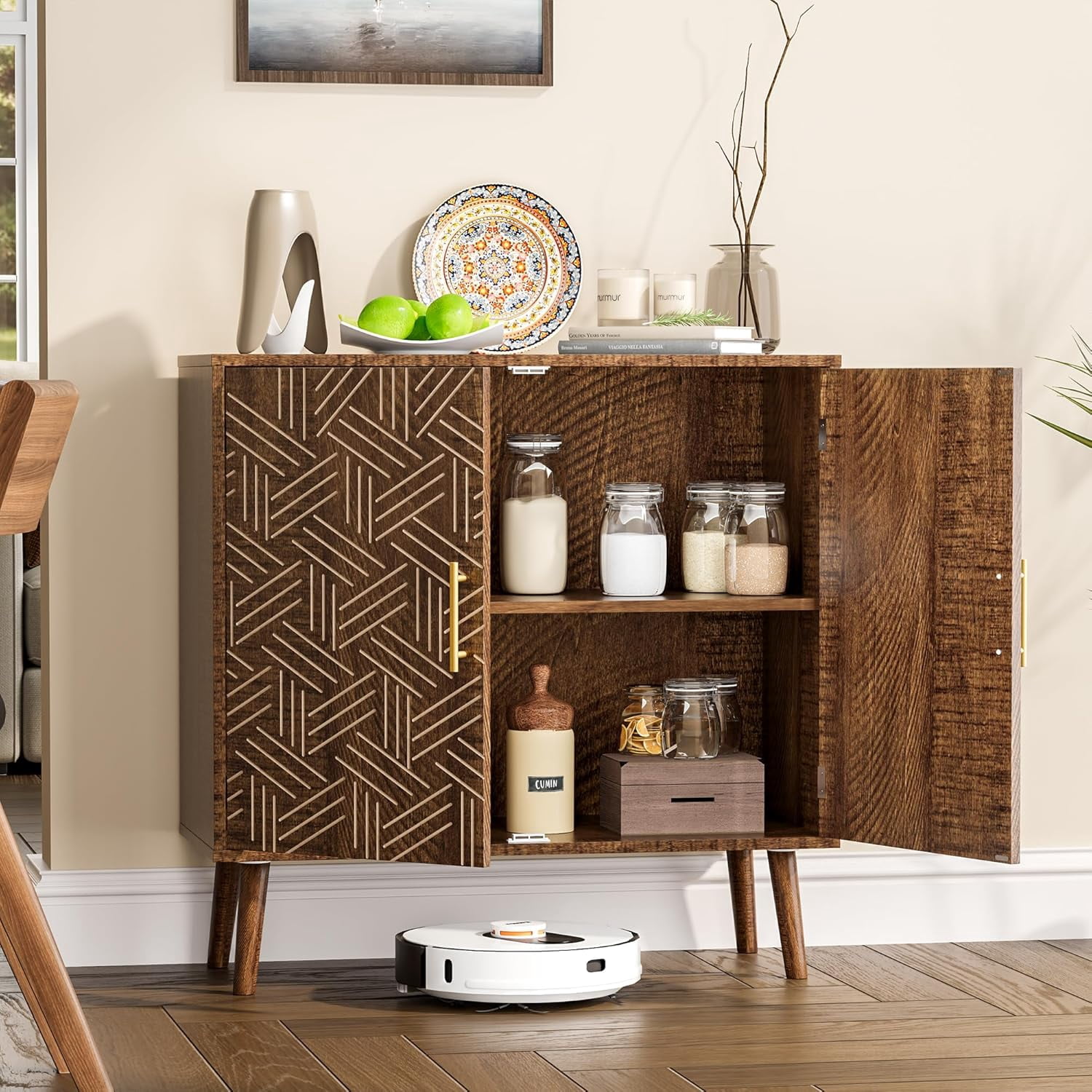 Mid Century Modern Buffet Sideboard Cabinet, Freestanding Wood Storage ...
