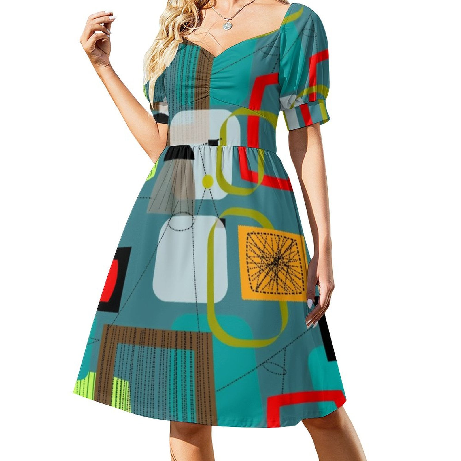 Mid Century Modern Casual Dress Geometry Print Aesthetic Dresses Sexy V ...