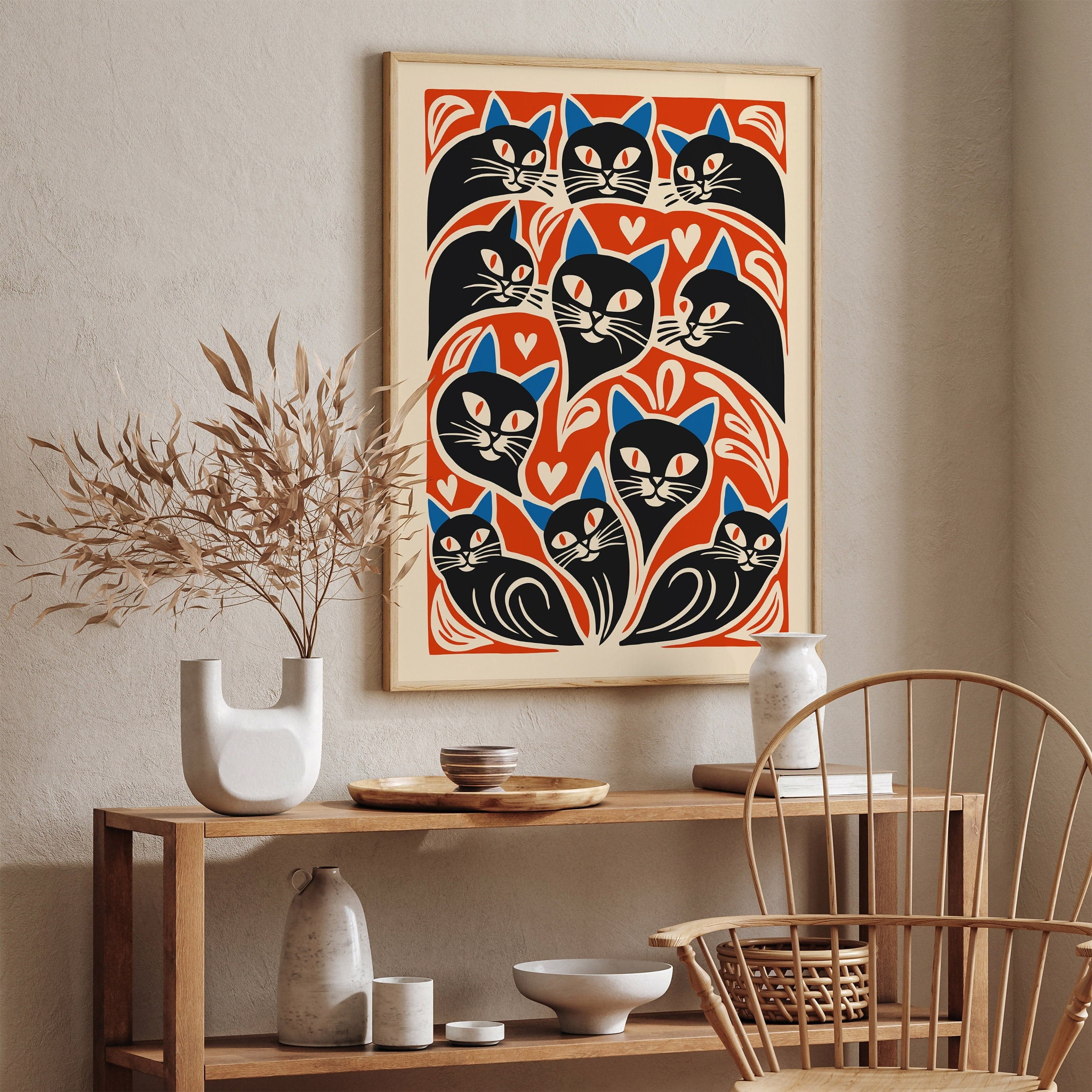 Mid-Century Modern Cat Art Print: Red & Black Feline Faces UNFRAMED ...